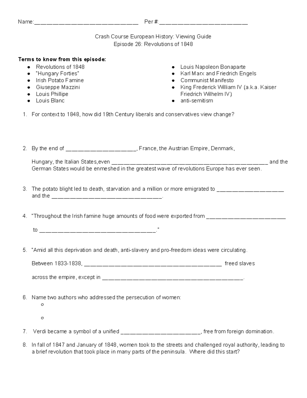 CC Euro #26 Revolutions of 1848 Viewing Guide - Name ...