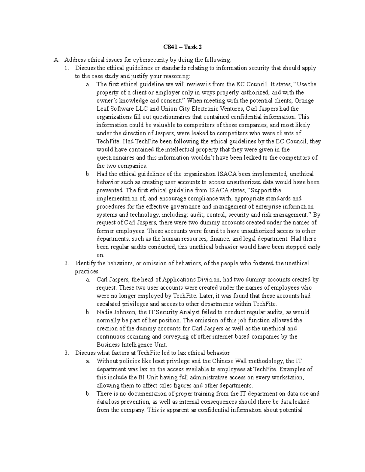 Task 2 - Passed 1st try. - C841 – Task 2 A. Address ethical issues for ...
