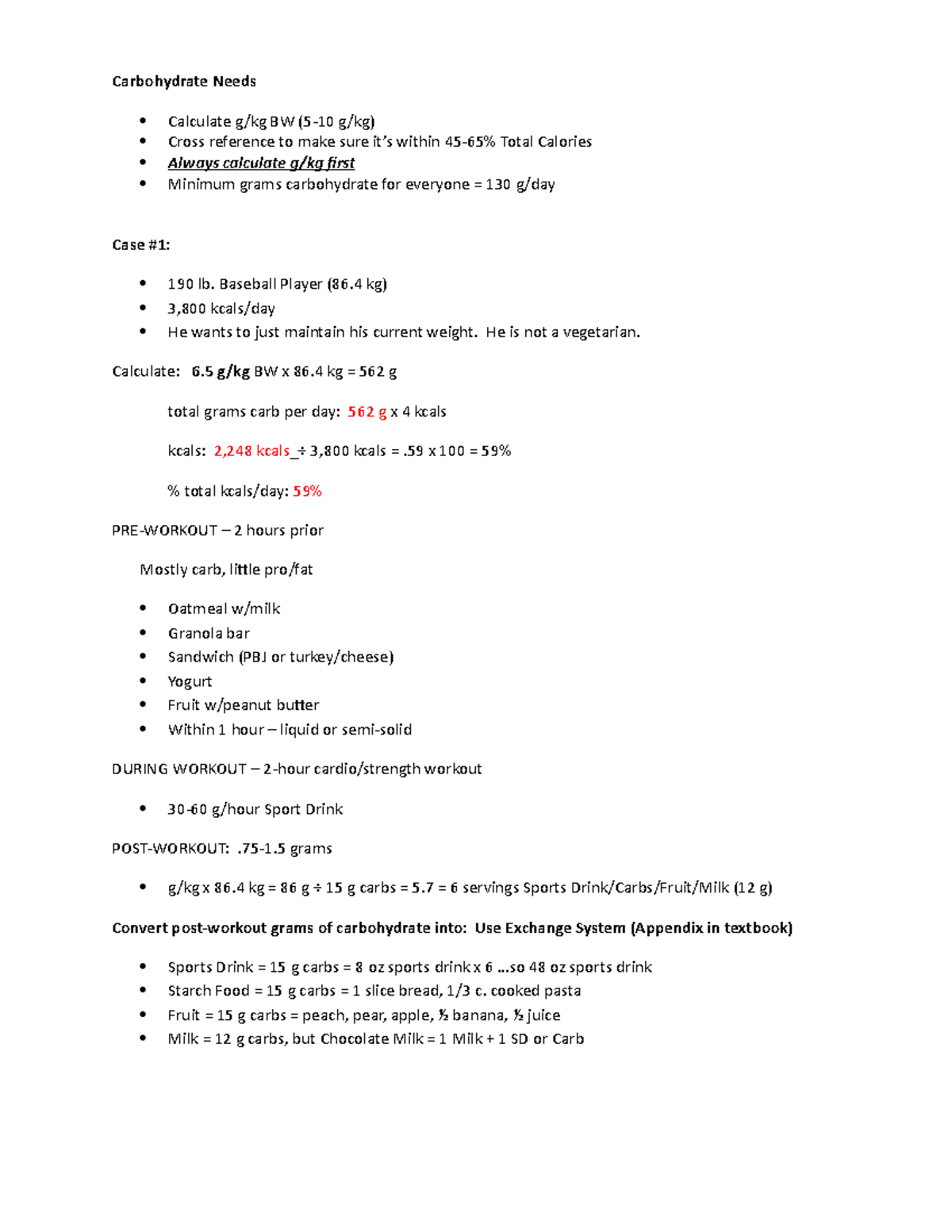 Carb Case Study Completed - Carbohydrate Needs Calculate g/kg BW (5-10 ...