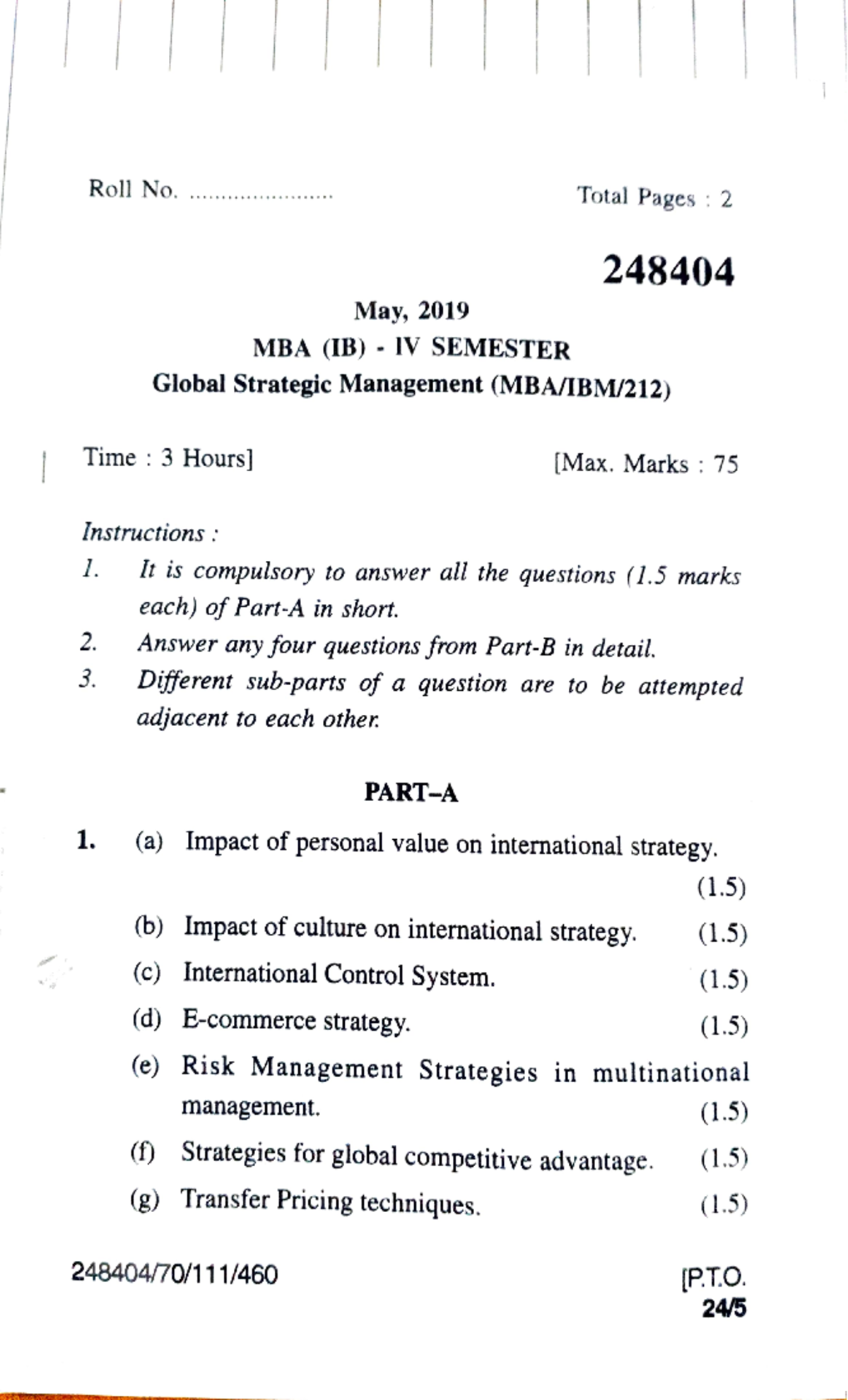 MBA (IB) (MBA-IBM-212) - Roll No. .. Total Pages 2 248404 May, 2019 MBA (IB) IV SEMESTER Global ...