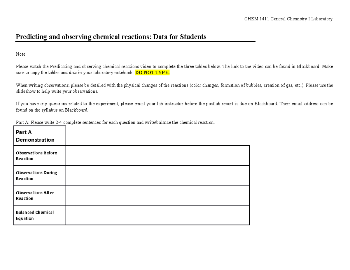 Chemical Reactions Tables (1) - CHEM 1411 General Chemistry I ...