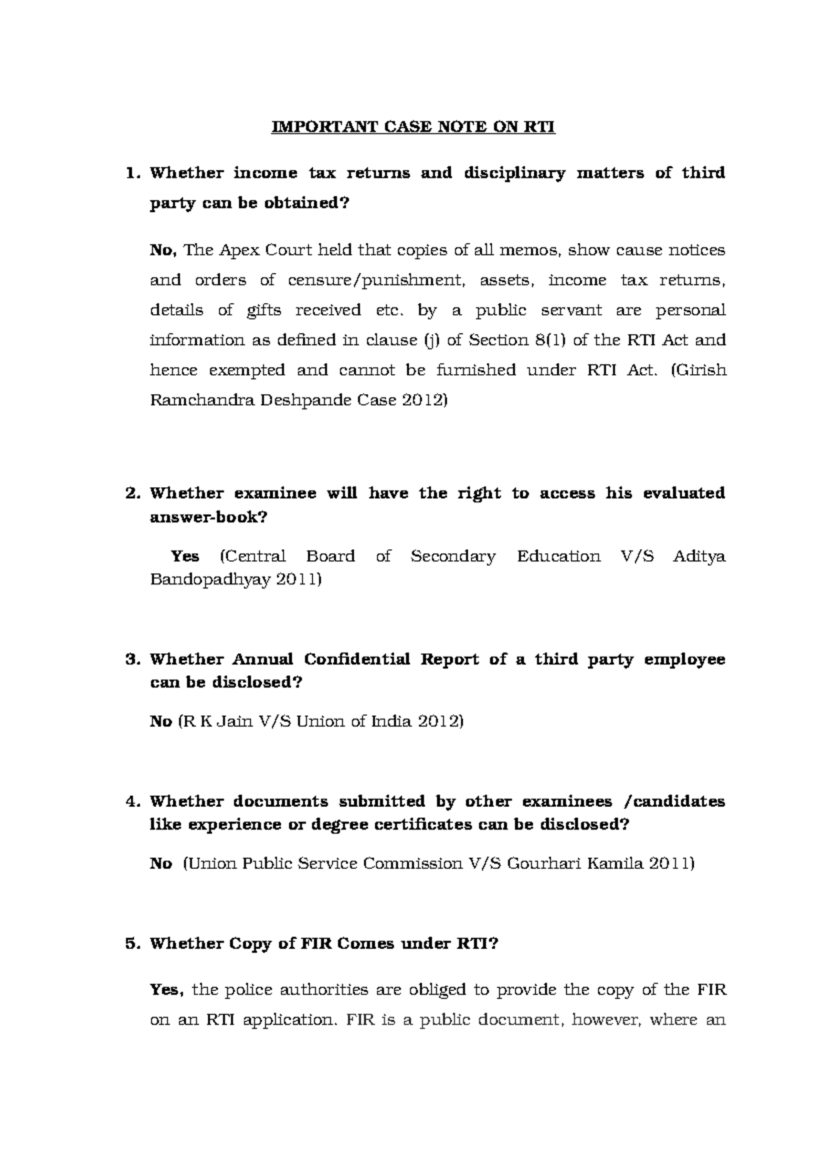 Important case notes on RTI - IMPORTANT CASE NOTE ON RTI Whether income ...