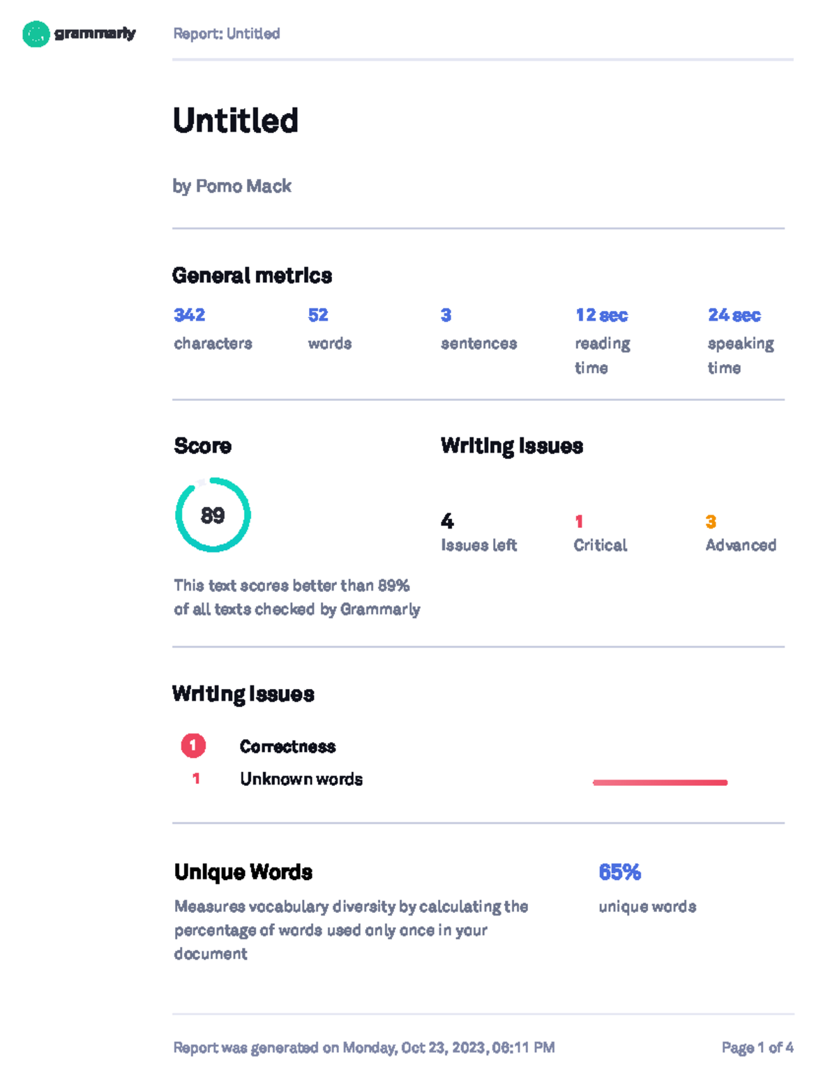 Writing Metrics Report: Analysis of Text Performance and Issues ...