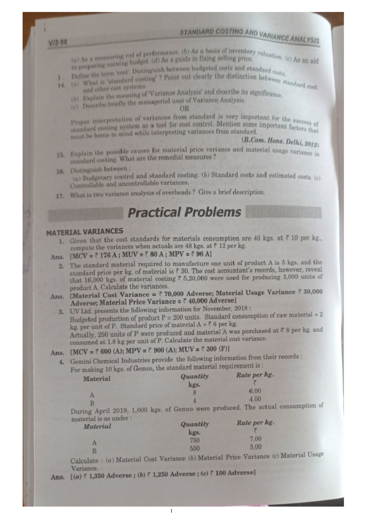 Cost accounting unit 4 - Questions on material variances - Bcom honours ...