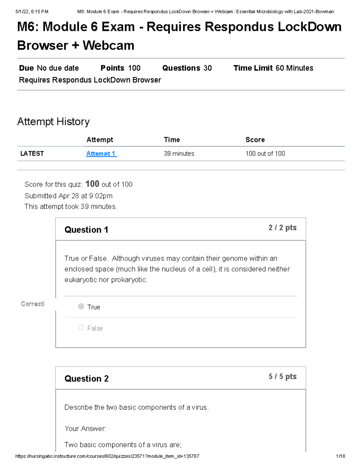 M6 Module 6 Exam Requires Respondus Lock Down Browser Webcam Essential Microbiology with Lab 20 ...