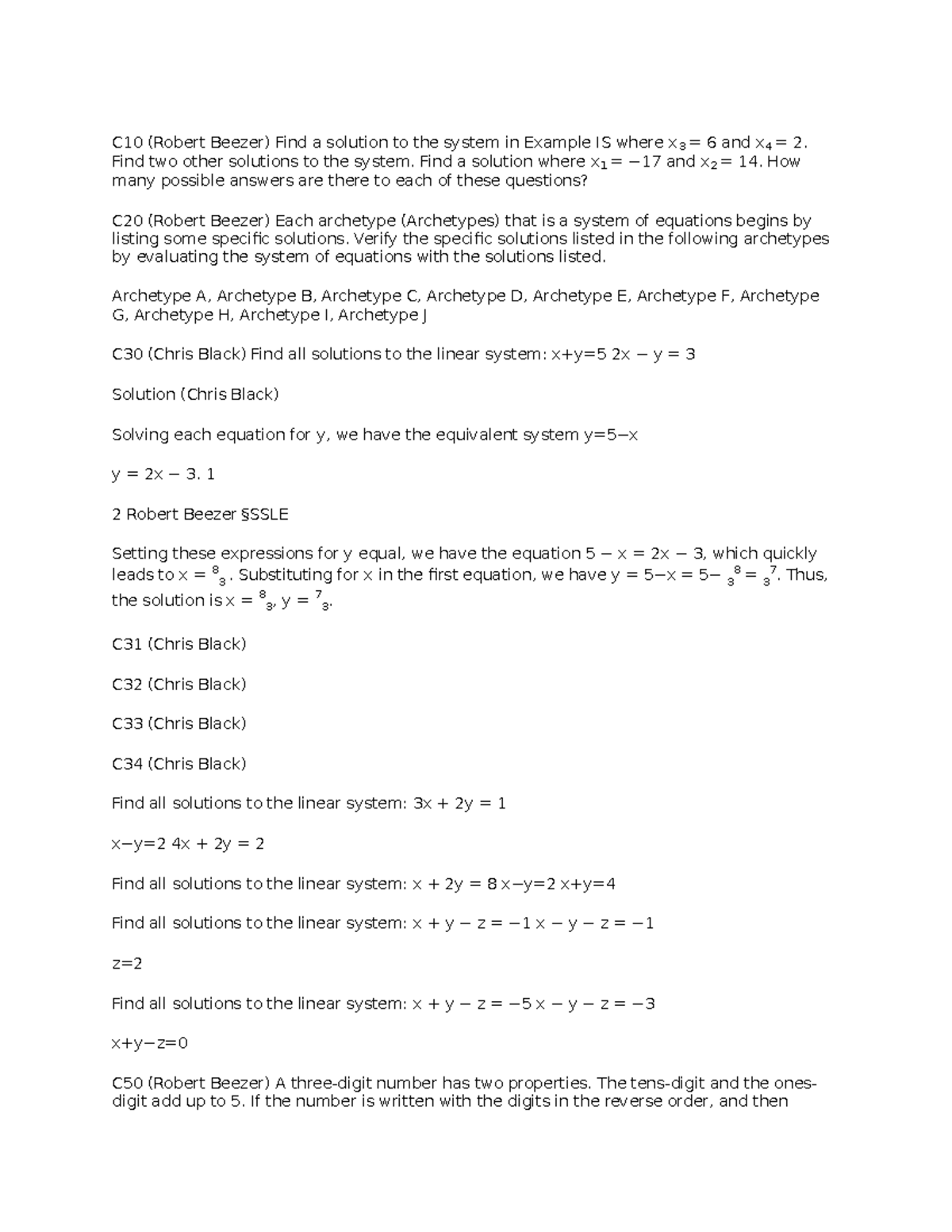 La 3 - practice equations - C10 (Robert Beezer) Find a solution to the ...