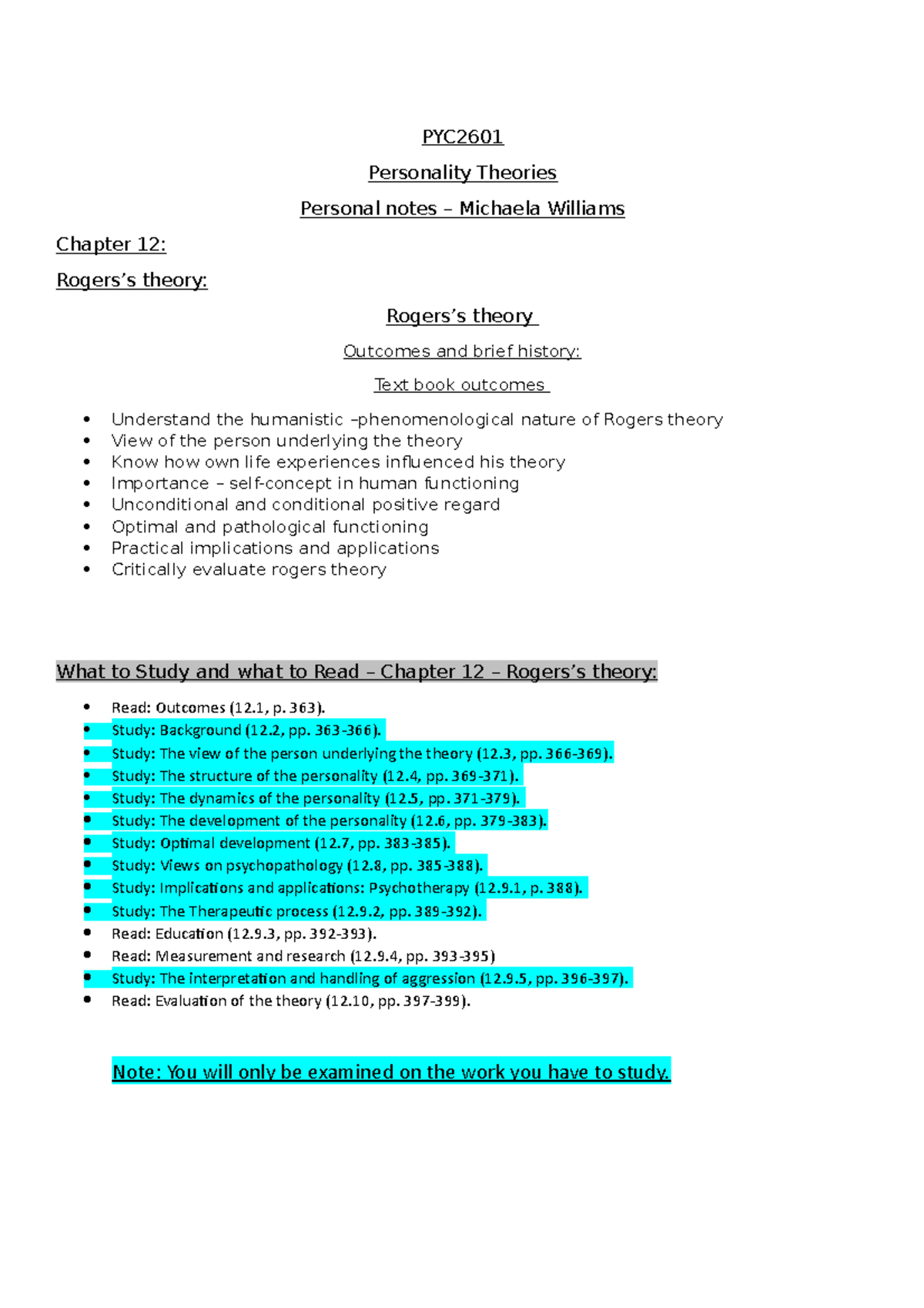 PYC2601 rogers summaries notes - PYC Personality Theories Personal ...