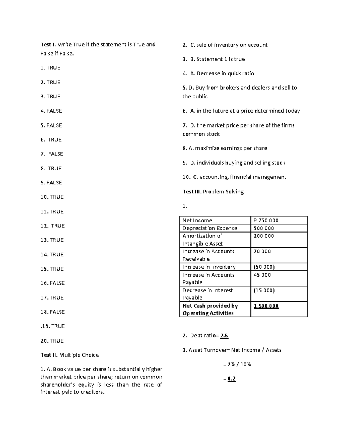 Finman Prelim - Test I. Write True if the statement is True and False ...