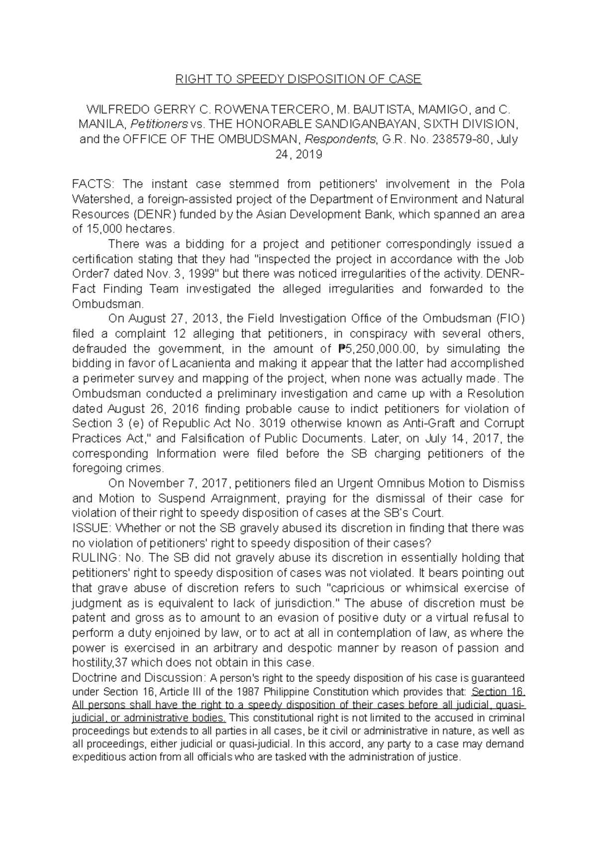 Case Digests for Juris Doctor -First Year - RIGHT TO SPEEDY DISPOSITION ...