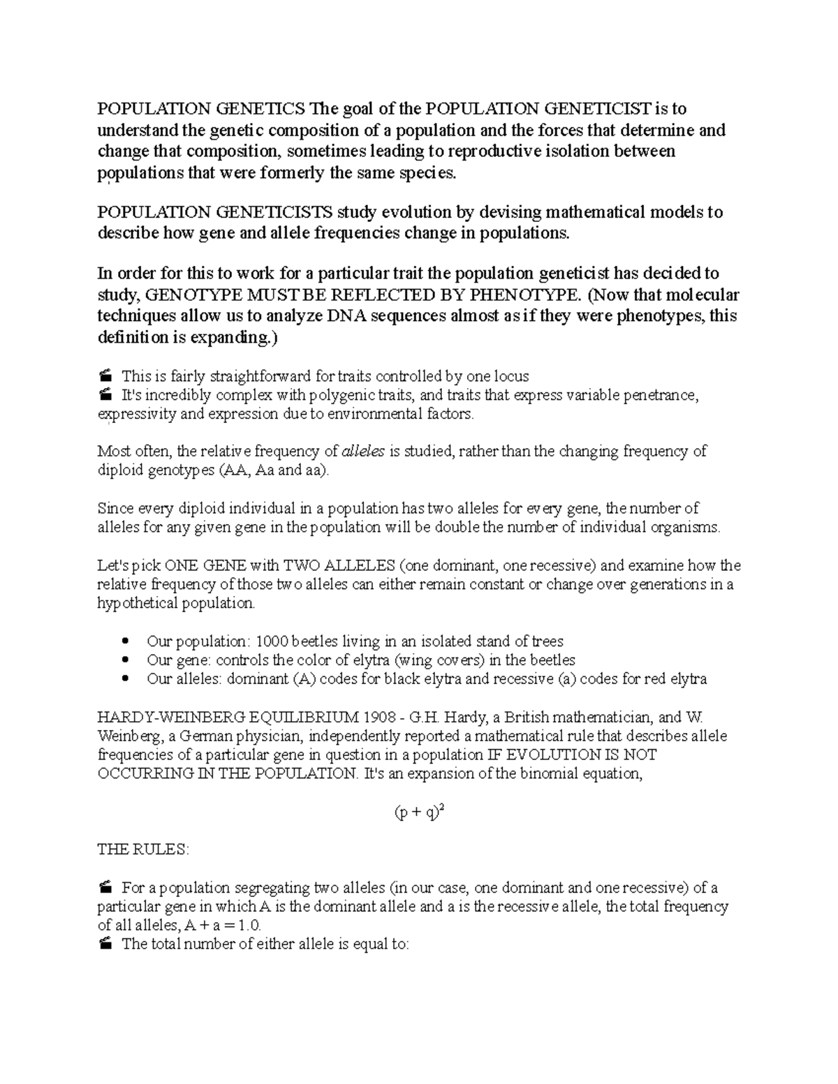 Lecture 19 - POPULATION GENETICS The goal of the POPULATION GENETICIST ...