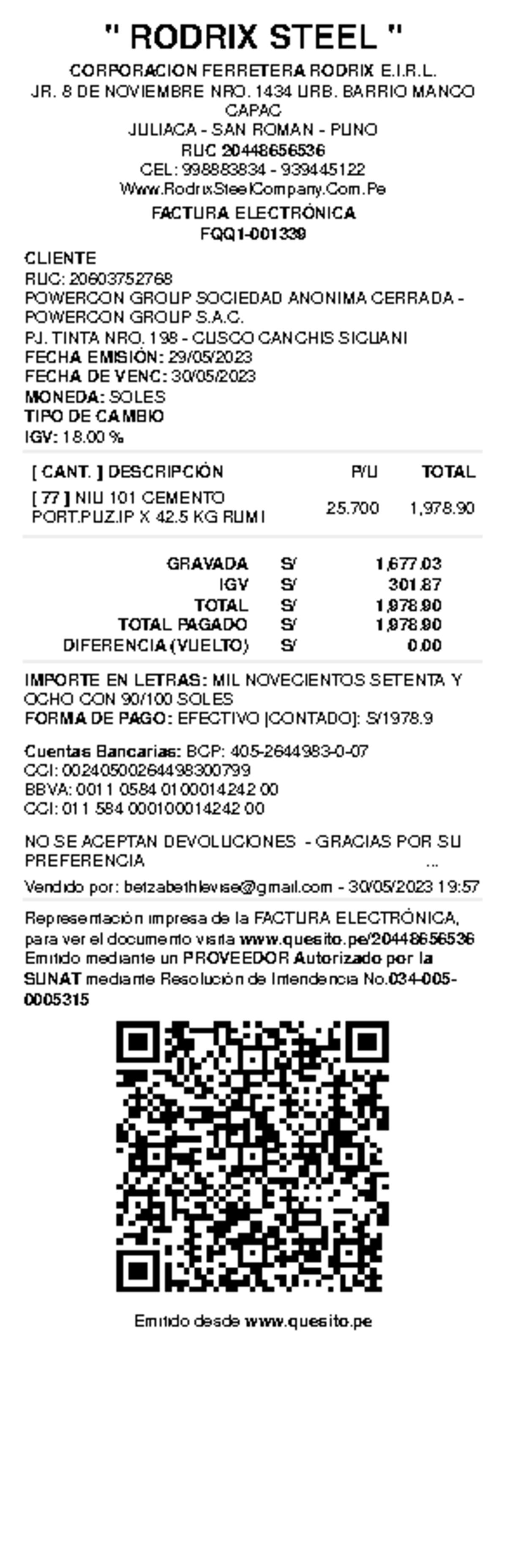 20448656536 01 FQQ1 1339 - " RODRIX STEEL " CORPORACION FERRETERA ...