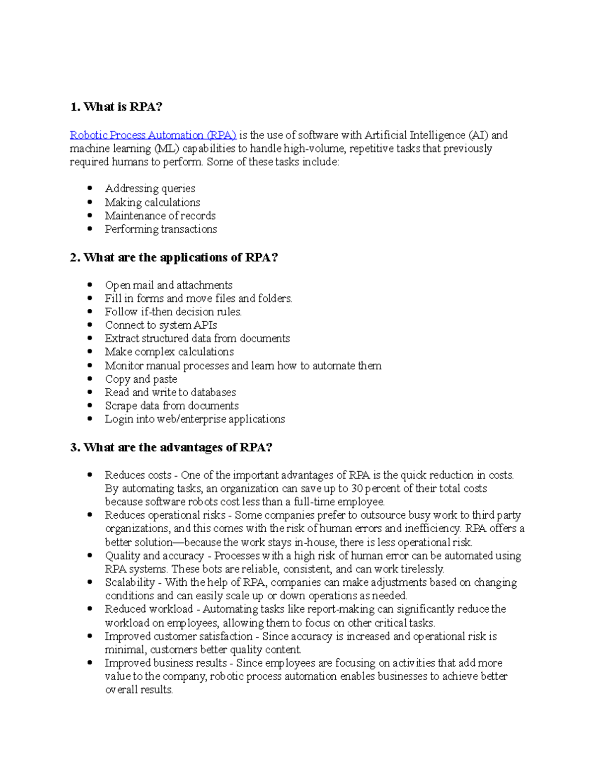 RPA question bank - 1. What is RPA? Robotic Process Automation (RPA) is ...