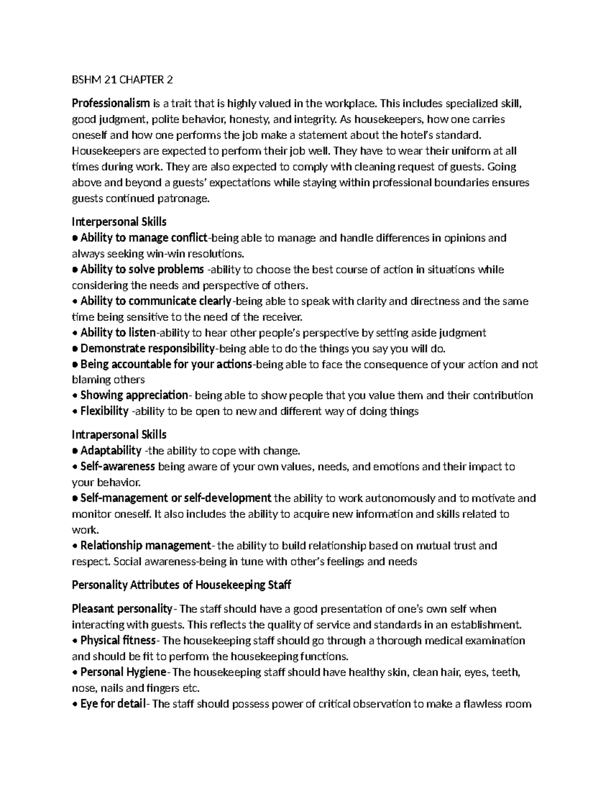 BSHM 21 Chapter 2 & 3 - BSHM 21 CHAPTER 2 Professionalism is a trait that is highly valued in ...