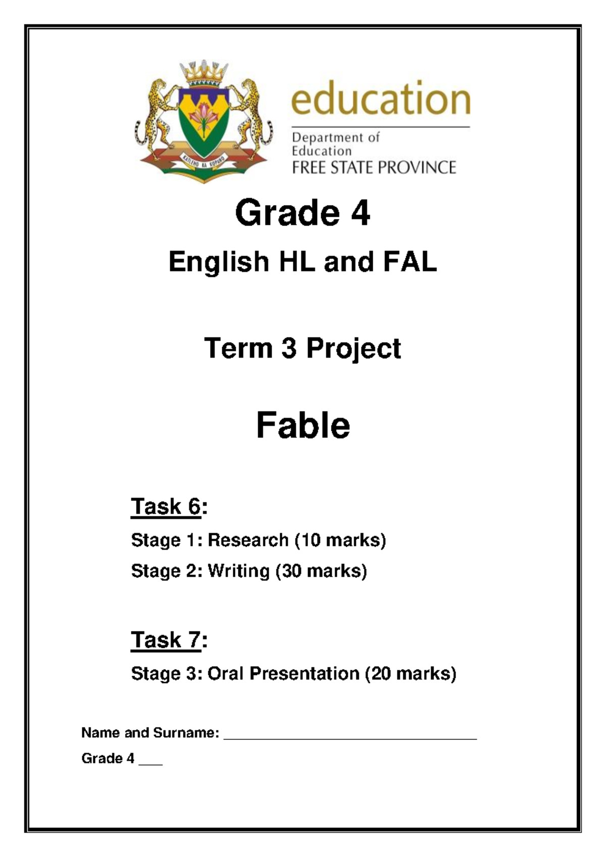 Grade 4 EFAL and HL Project Learners' Document Term 3 2023 - Grade 4 English HL and FAL Term 3 ...