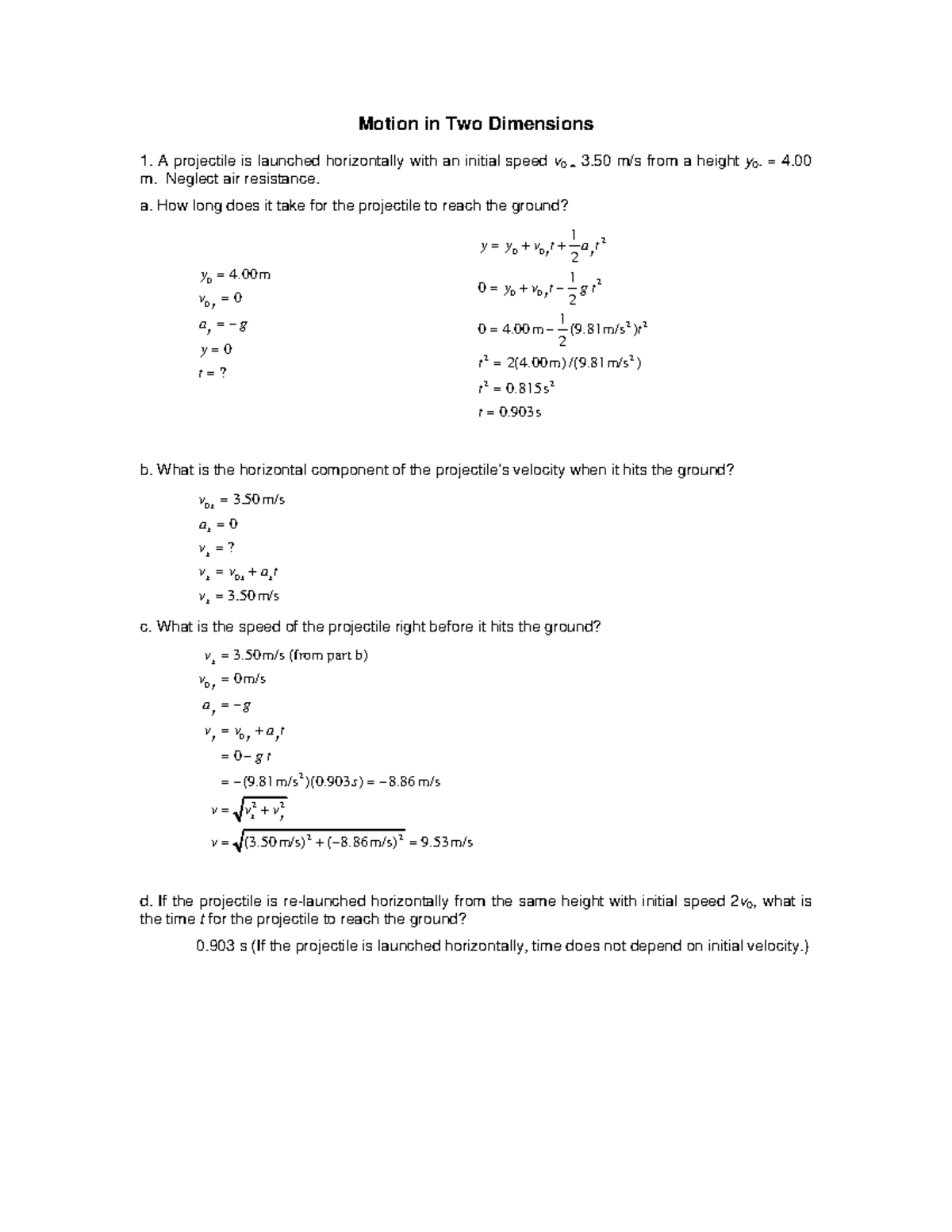 Lesson 02exampleproblems-2 - Motion in Two Dimensions A projectile is ...
