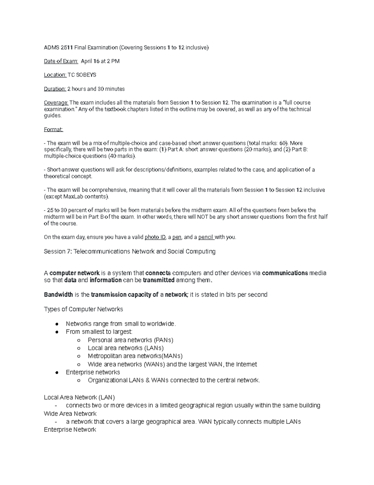 ADMS 2511 Final Examination - ADMS 2511 Final Examination (Covering ... ADMS 2511 Final Examination - ADMS 2511 Final Examination (Covering ...