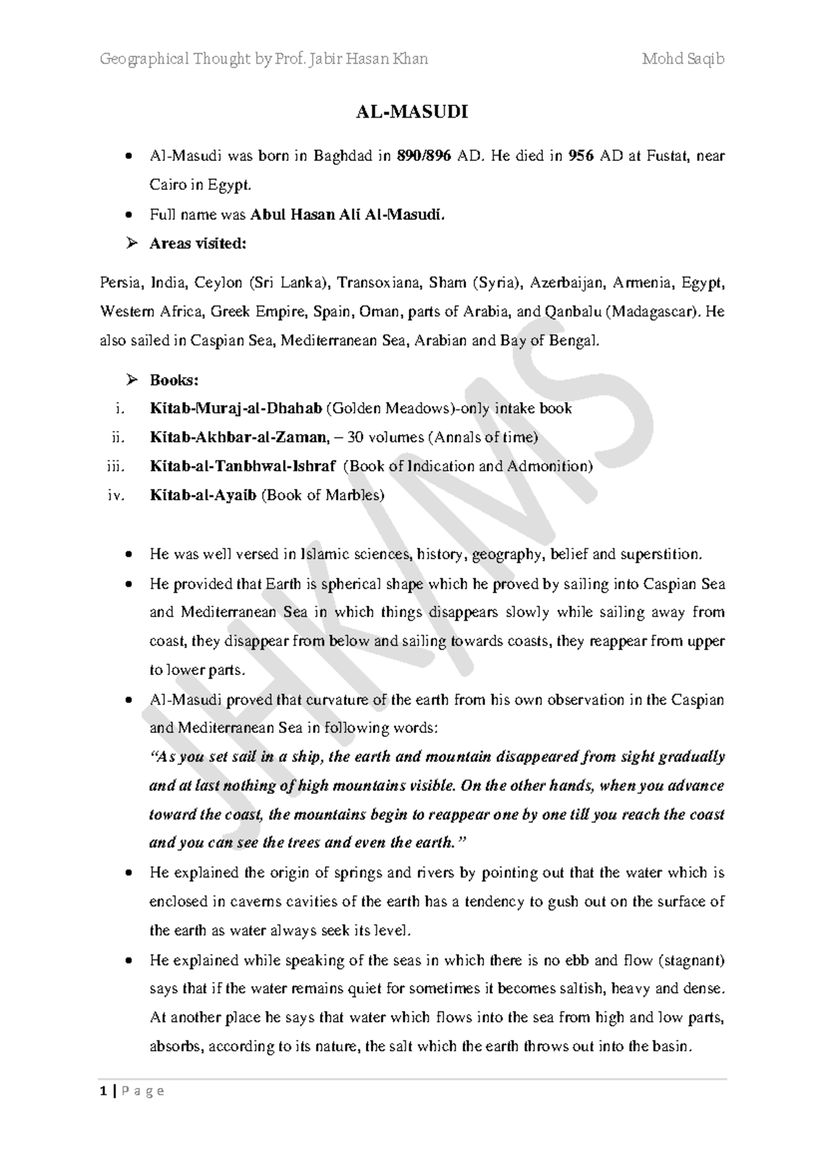 Al Masudi - Geographical Thought by Prof. Jabir Hasan Khan Mohd Saqib 1 ...