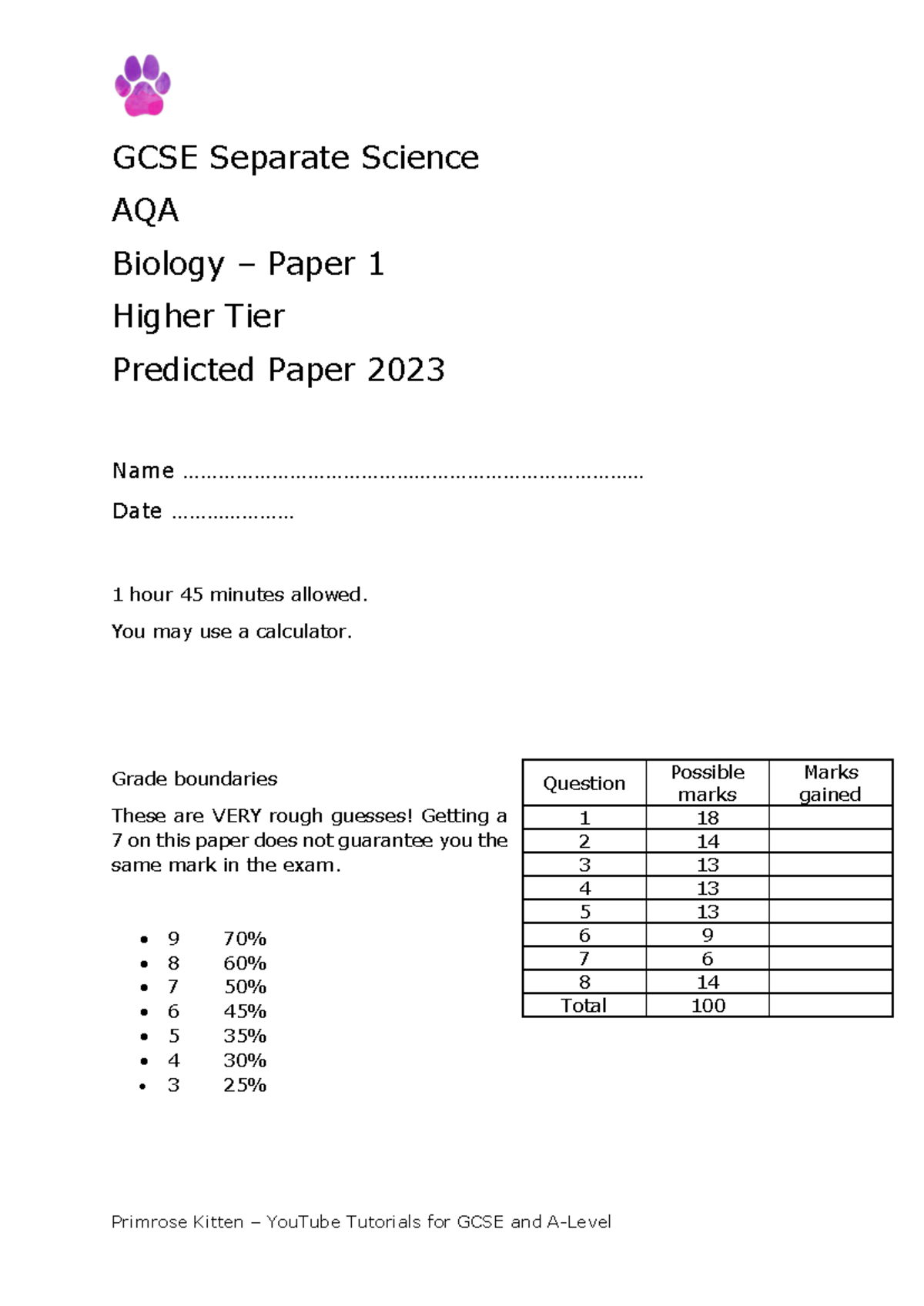 Predicted biology paper 1 - GCSE Separate Science AQA Biology – Paper 1 ...