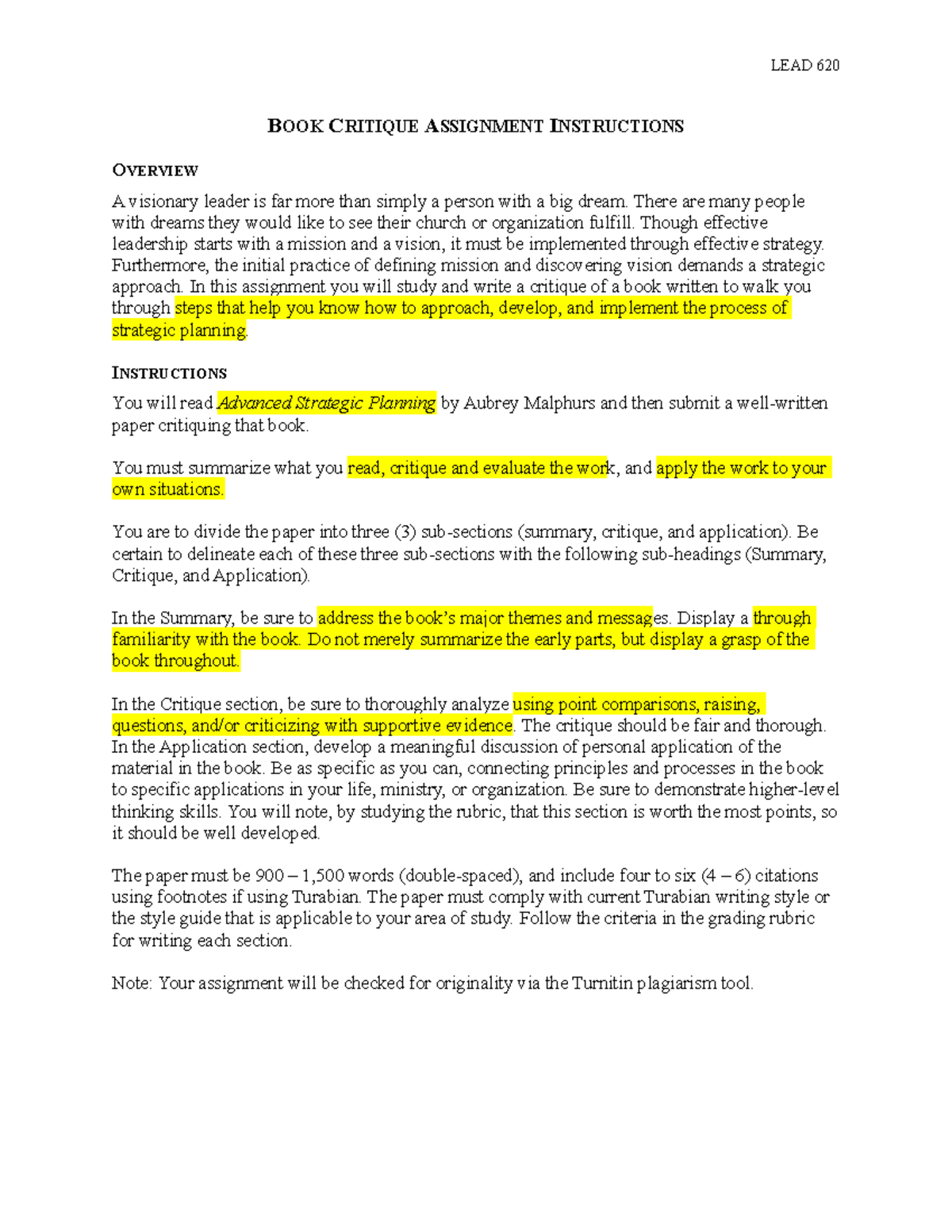 Book Critique Assignment Instructions - LEAD 620 BOOK CRITIQUE ...
