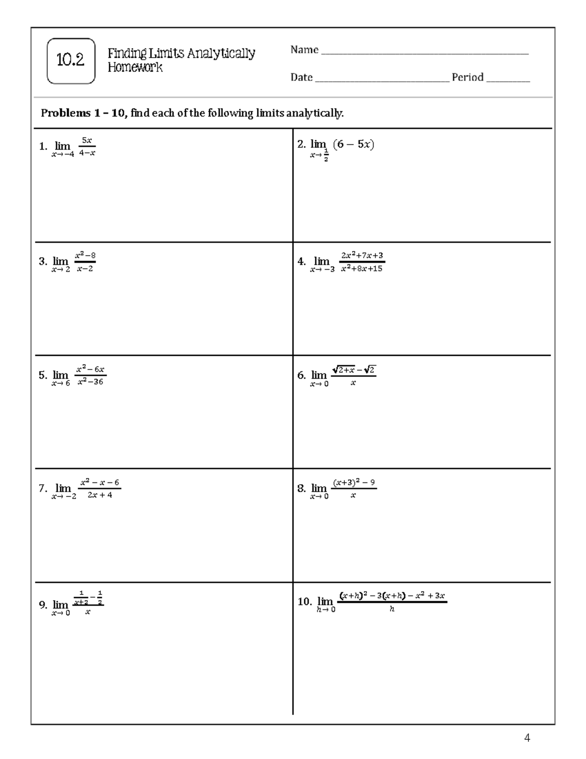 10.2 HW - © 2021 Jean Adams Flamingo Math 10. Finding Limits ...