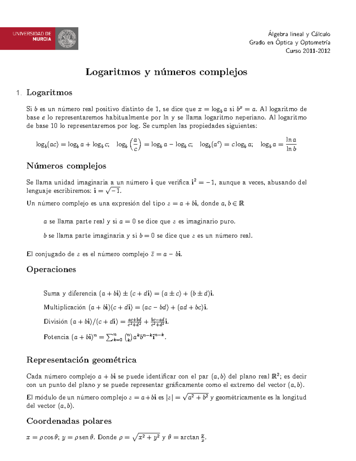 Todo sobre Logaritmo de un Número Complejo - Algebra lineal y C ́ ́ ...