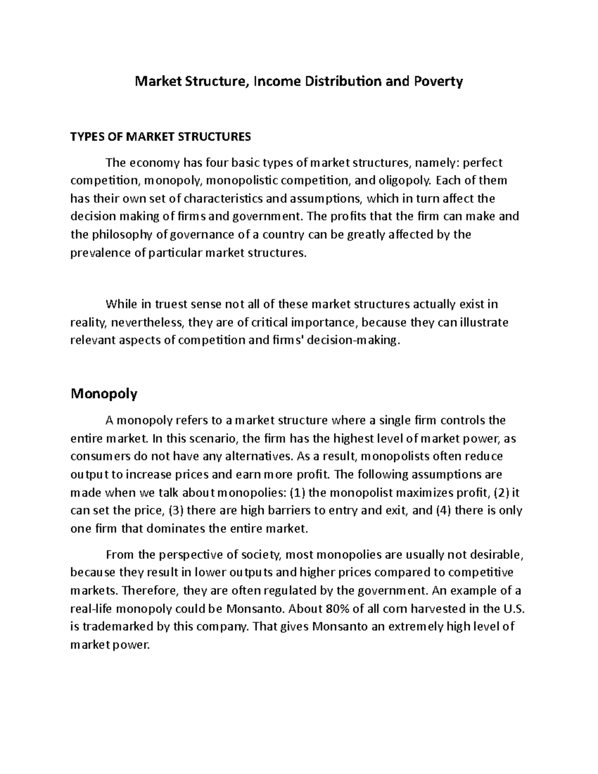 Market Structure, Income Distribution and Poverty - Each of them has ...