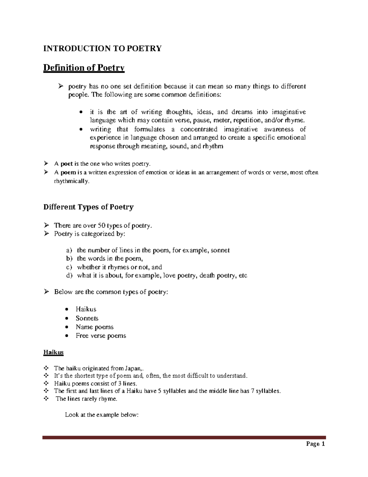 Poetry Notes-2 - Poetic analysis - INTRODUCTION TO POETRY Definition of ...