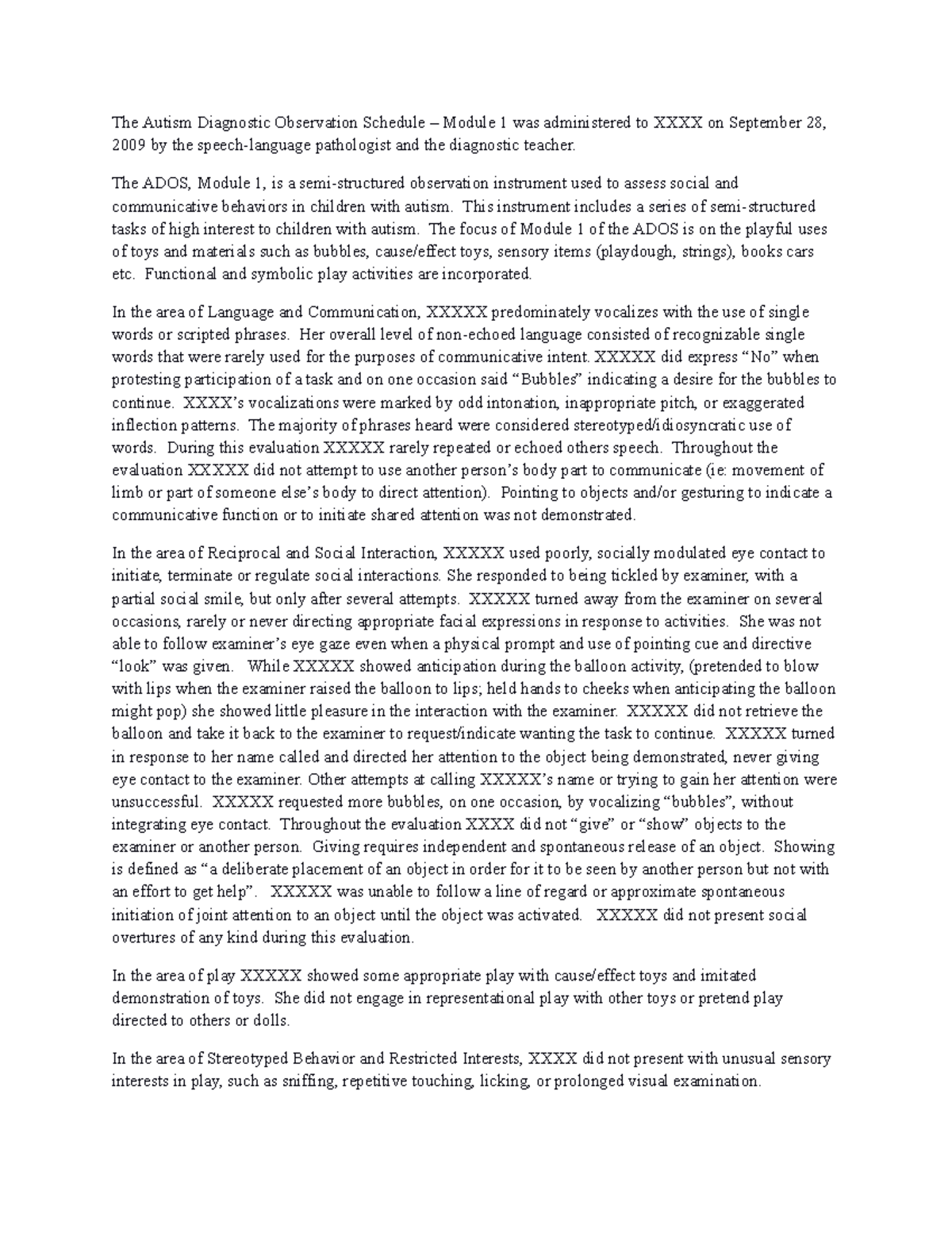 ADOS Module 1 Report Example - The Autism Diagnostic Observation ...