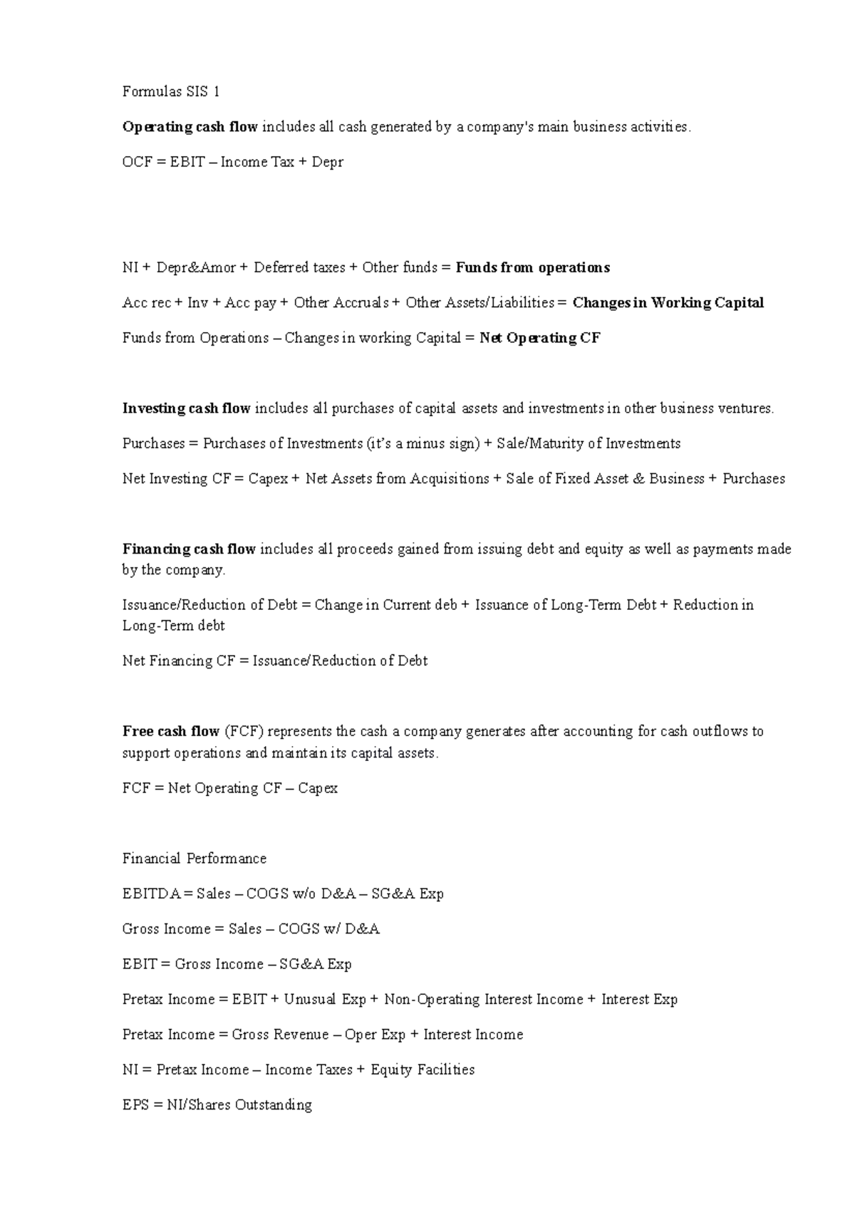 Formulas SIS 1 - OCF = EBIT – Income Tax + Depr NI + Depr&Amor ...