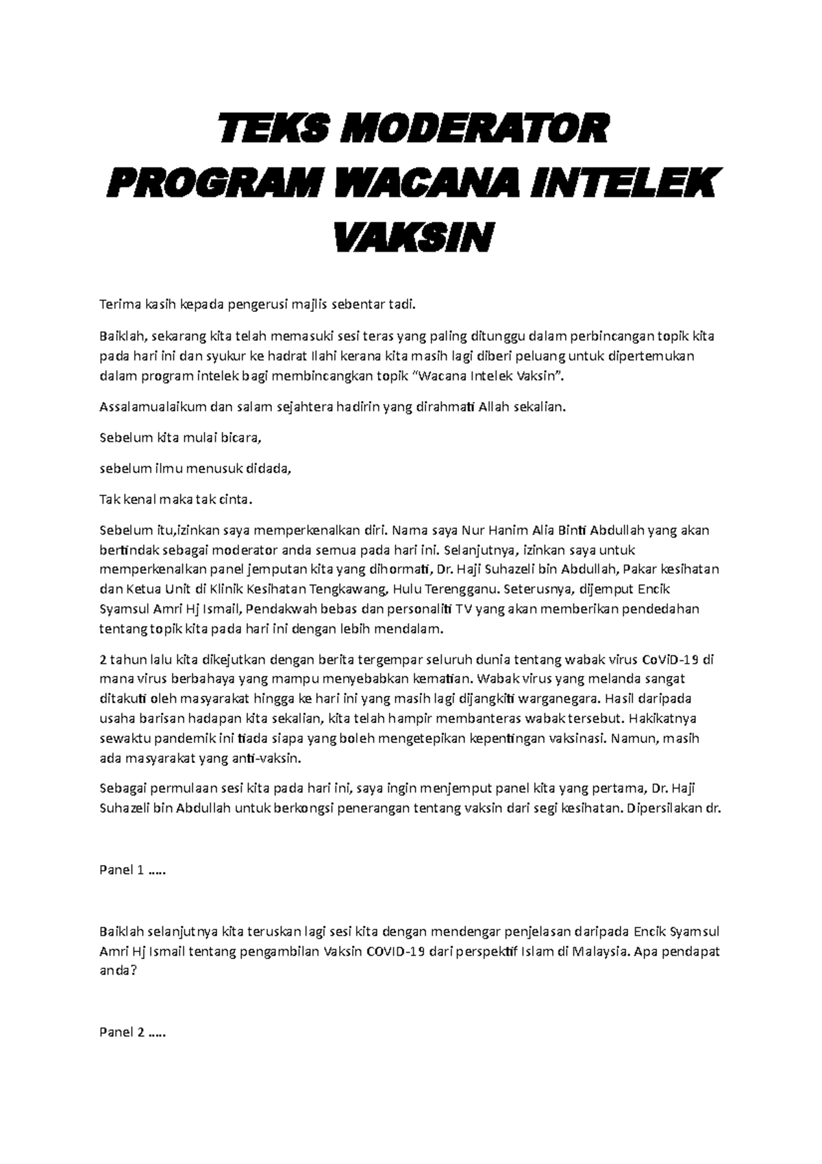 TEKS Moderator Program Wacana Intelek Vaksin - TEKS MODERATOR PROGRAM ...