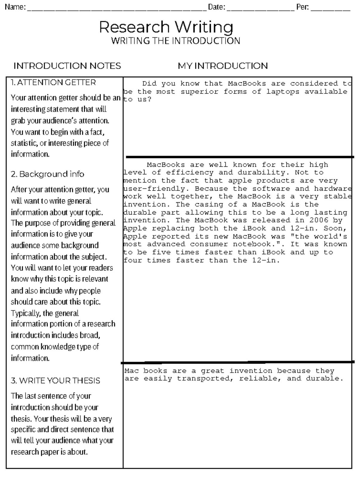 Research paper organizer Introduction and Body Paragraphs - The last ...