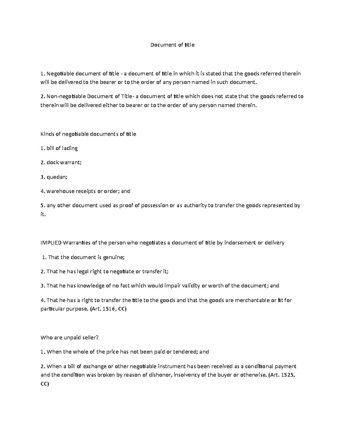 Document of title - Non-negotiable Document of Title- a document of ...