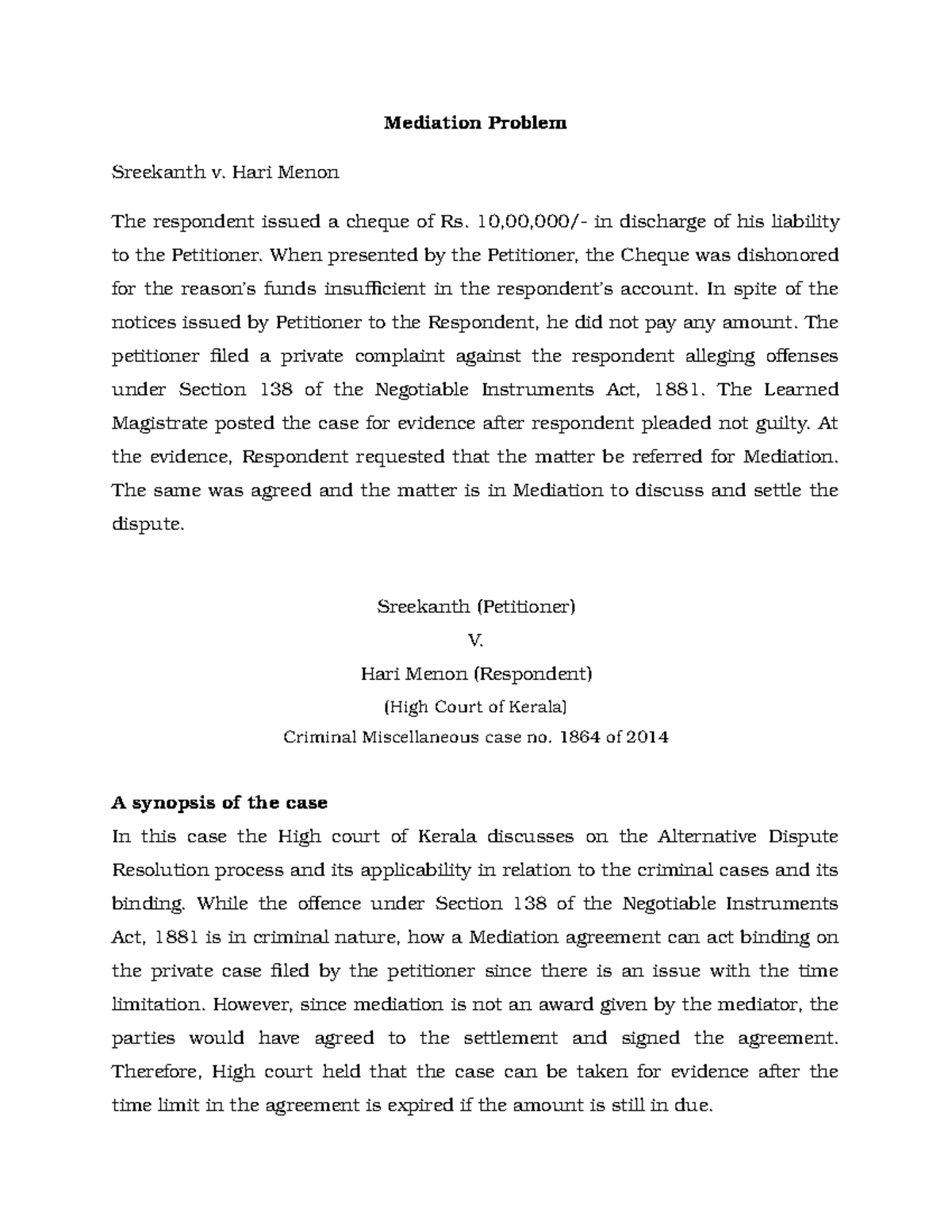 Mediation Practical Problem and a sample case law - Arbitration ...