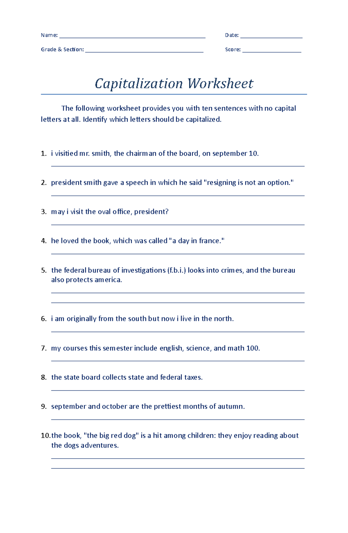 Capitalization Worksheet - Name ...