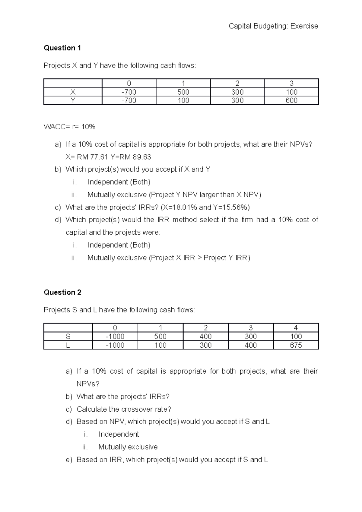 Capital Budgeting Exercise Capital Budgeting Exercise Question 1 Capital Budgeting Exercise Capital Budgeting Exercise Question 1