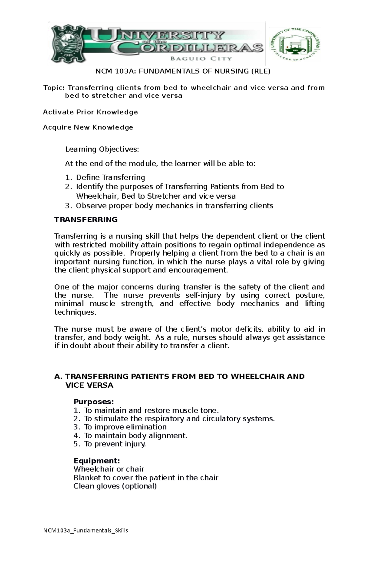 Transferring-of-Patient - NCM 103A: FUNDAMENTALS OF NURSING (RLE) Topic ...