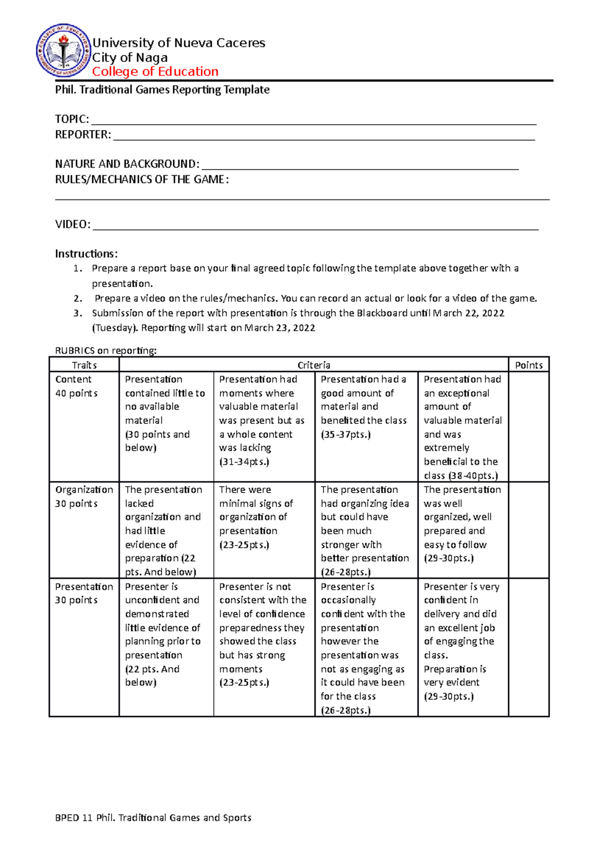 Phil Traditional Games Reporting Template - University of Nueva Caceres ...