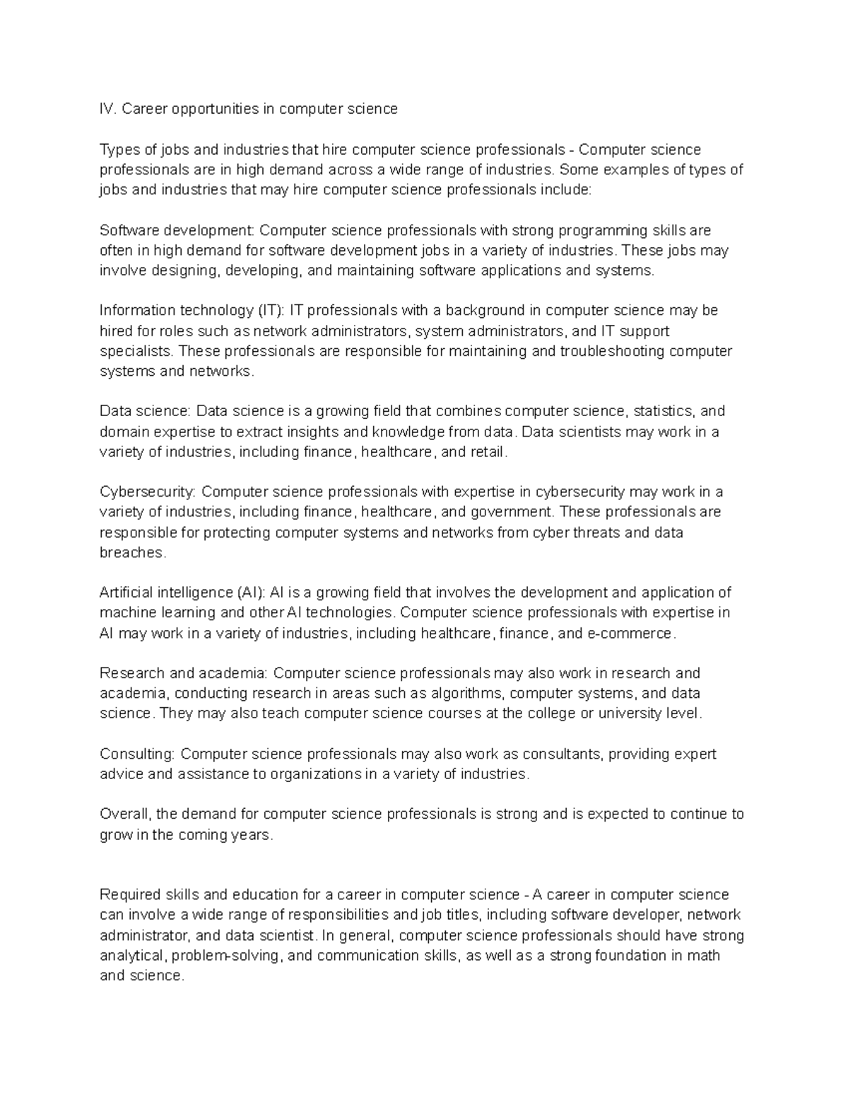 Cis 3 - Computer Information Science Notes - IV. Career opportunities ...