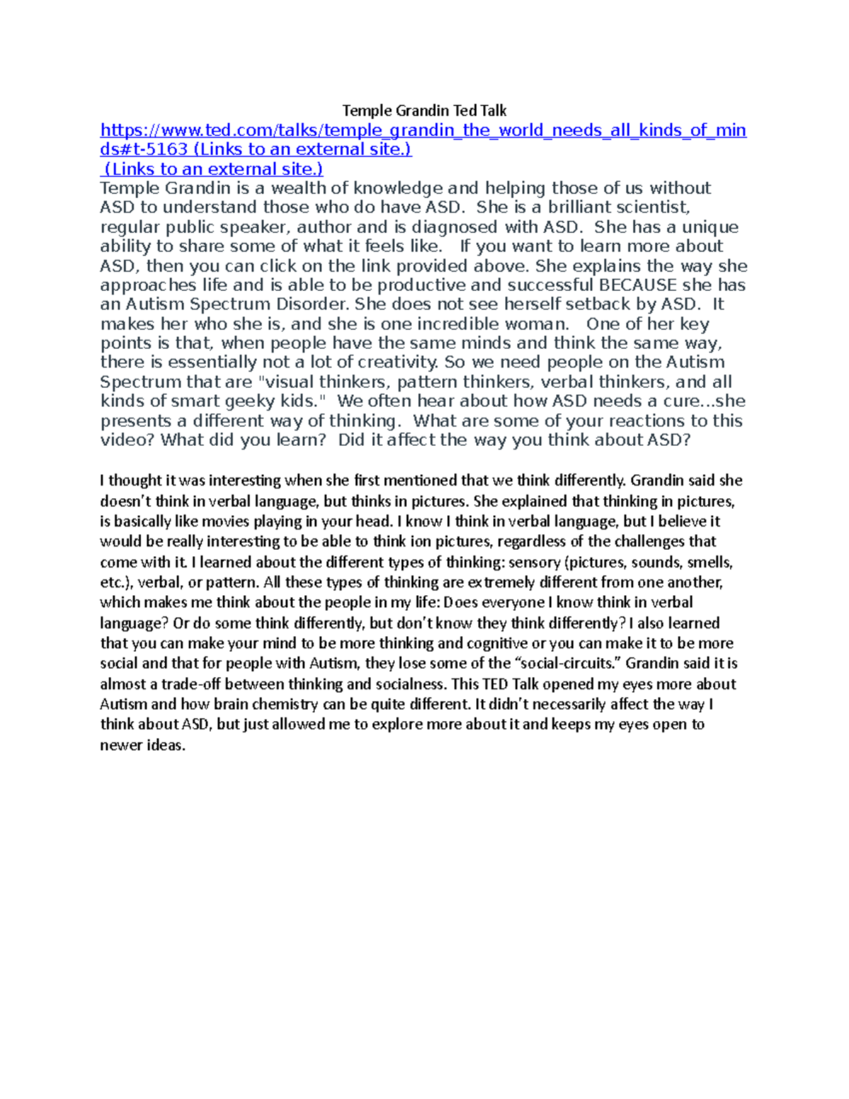 Temple Grandin Ted Talk - PSYC 250 - JMU - Studocu