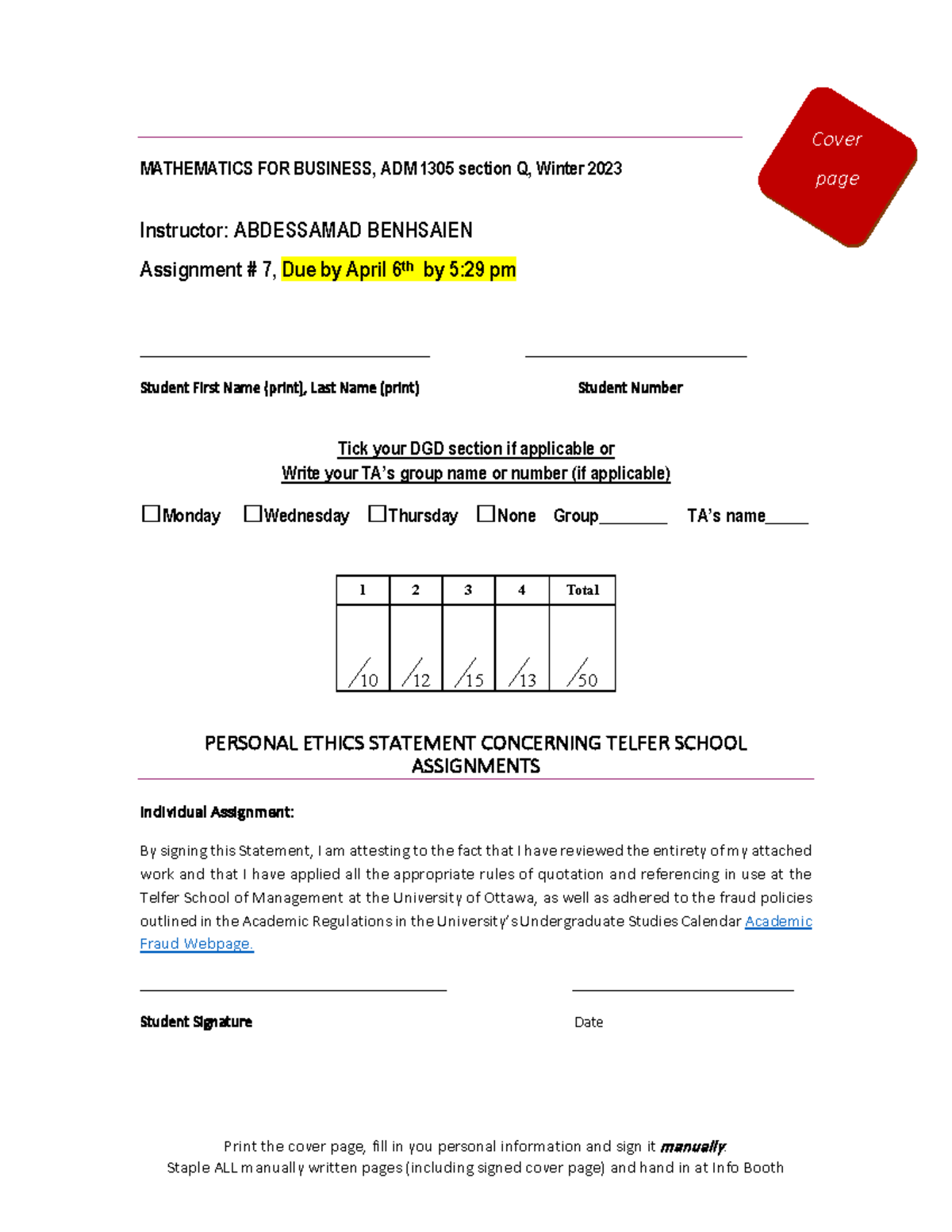 Assignment 7 231 - hkjhkjhkjh - Print the cover page, fill in you ...