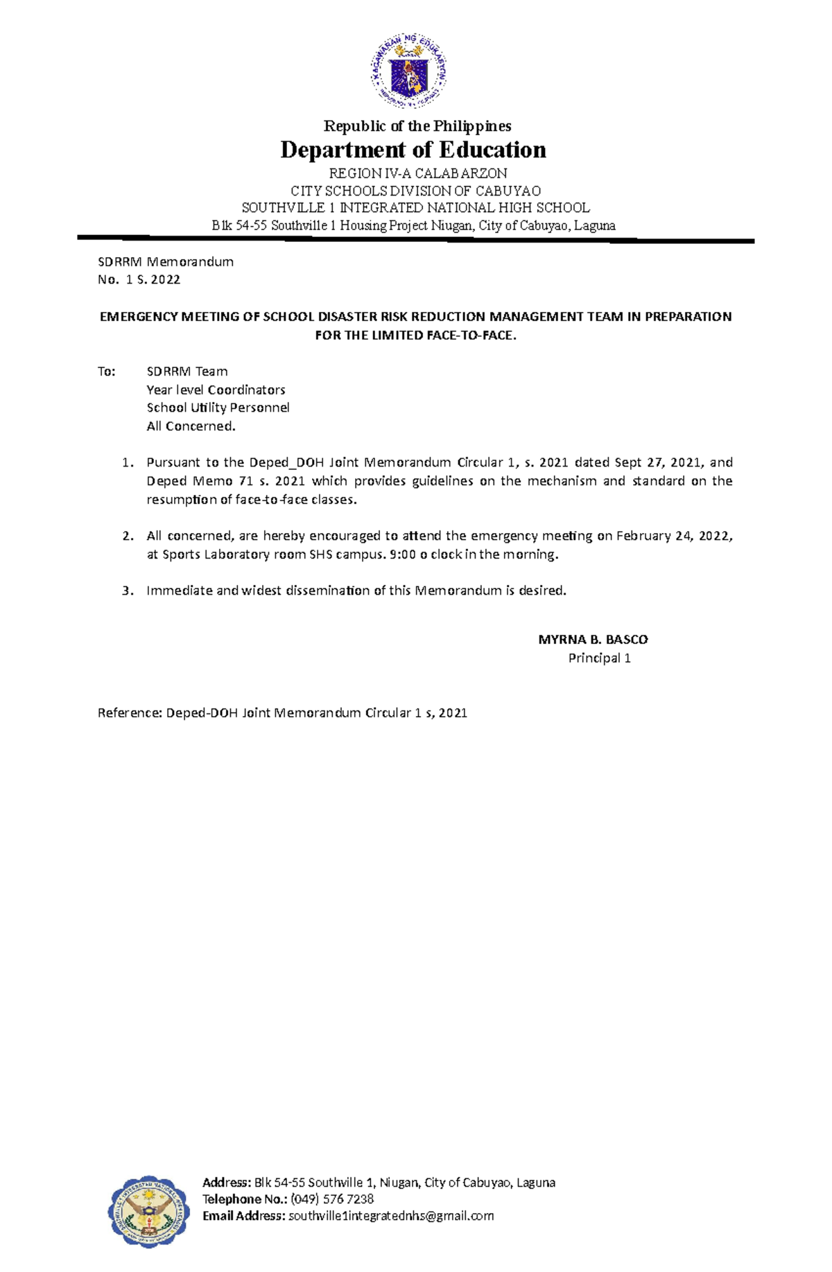 Sdrrm MEMO 1 S. 2022 - Republic of the Philippines Department of ...