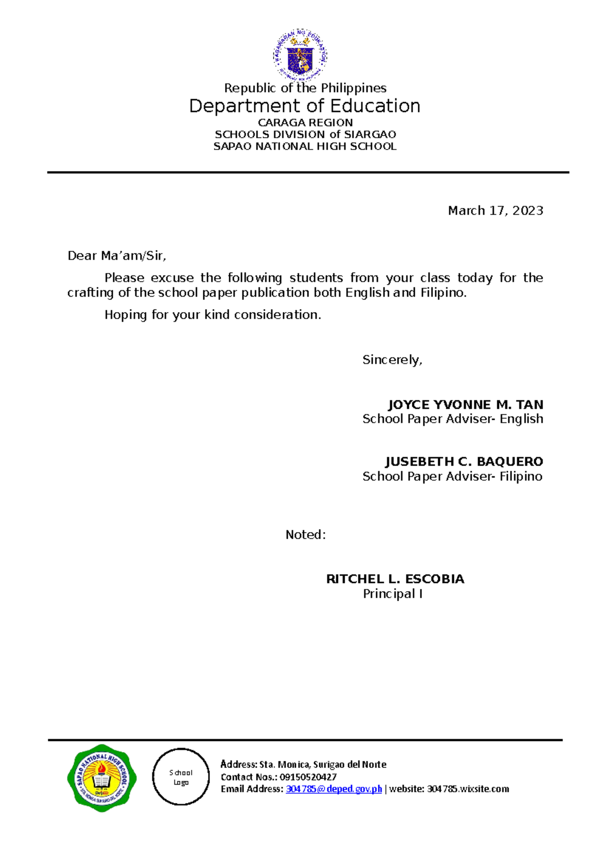 Excuse Letter - Republic of the Philippines Department of Education ...