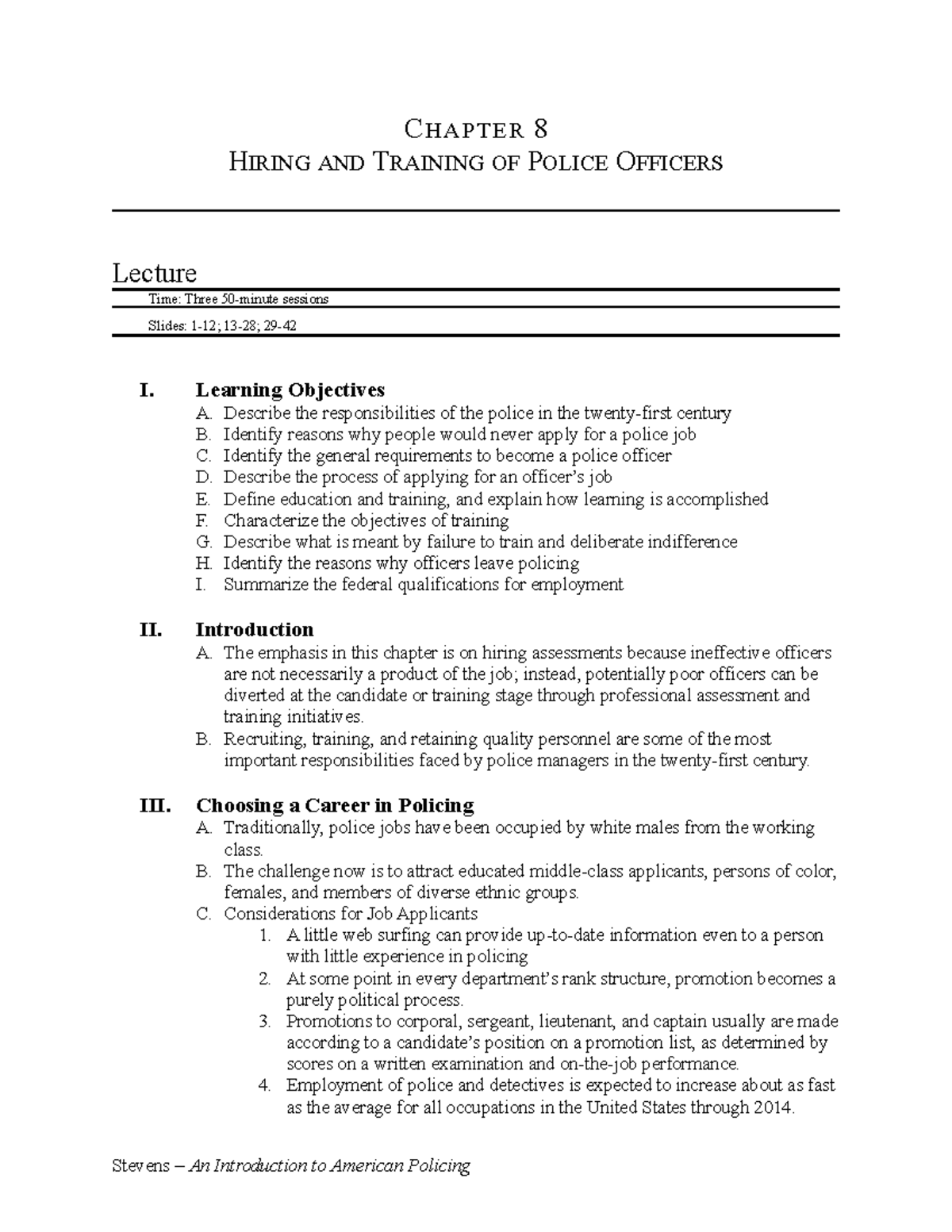 Chapter 8 Outline/ Hiring and Training of Police Officers - CHAPTER 8 ...