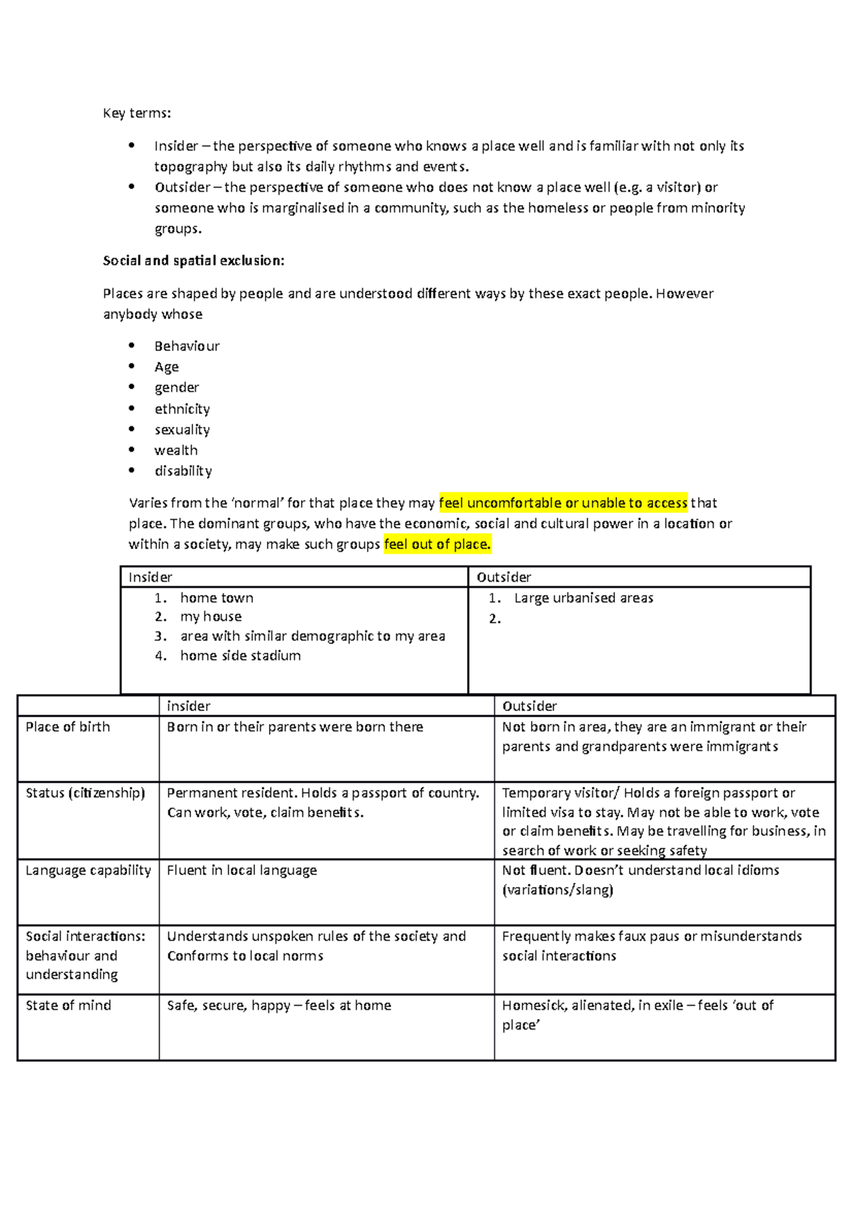 Insiders and outsiders notes - Key terms: Insider – the perspective of ...
