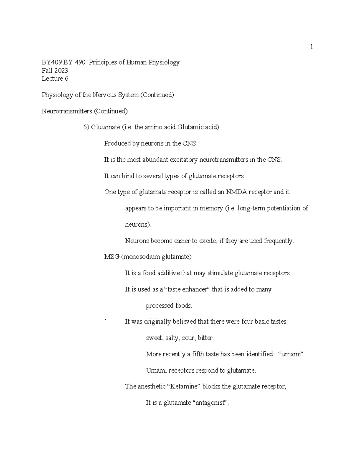 Lecture 6 - BY409 BY 490 Principles of Human Physiology Fall 2023 Lecture 6 Physiology of the ...