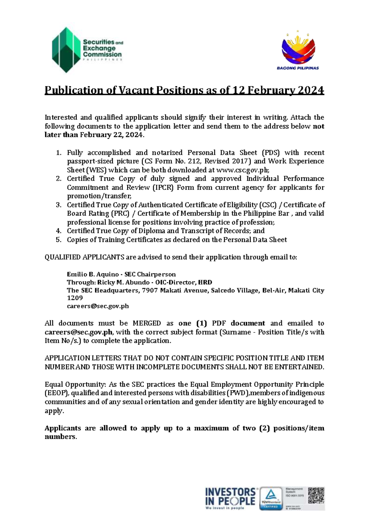 2024Careers Publication-of-Vacant-Positions-as-of-12-February-2024 - Publication of Vacant ...