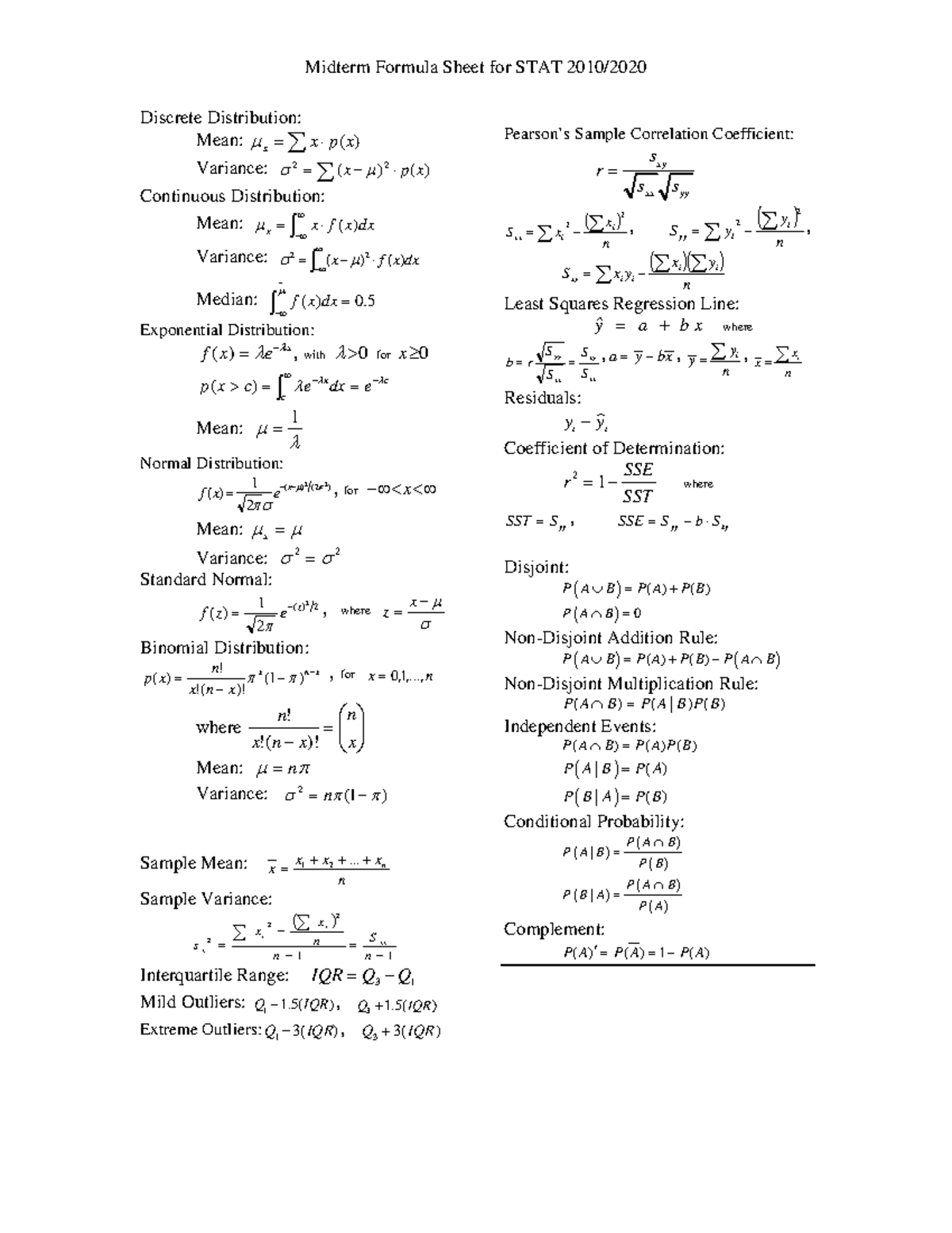 Midterm Formula Sheet - ..,1,0 nx where ÷÷ ø ö ÷÷ ø ö ý x n xnx n ...