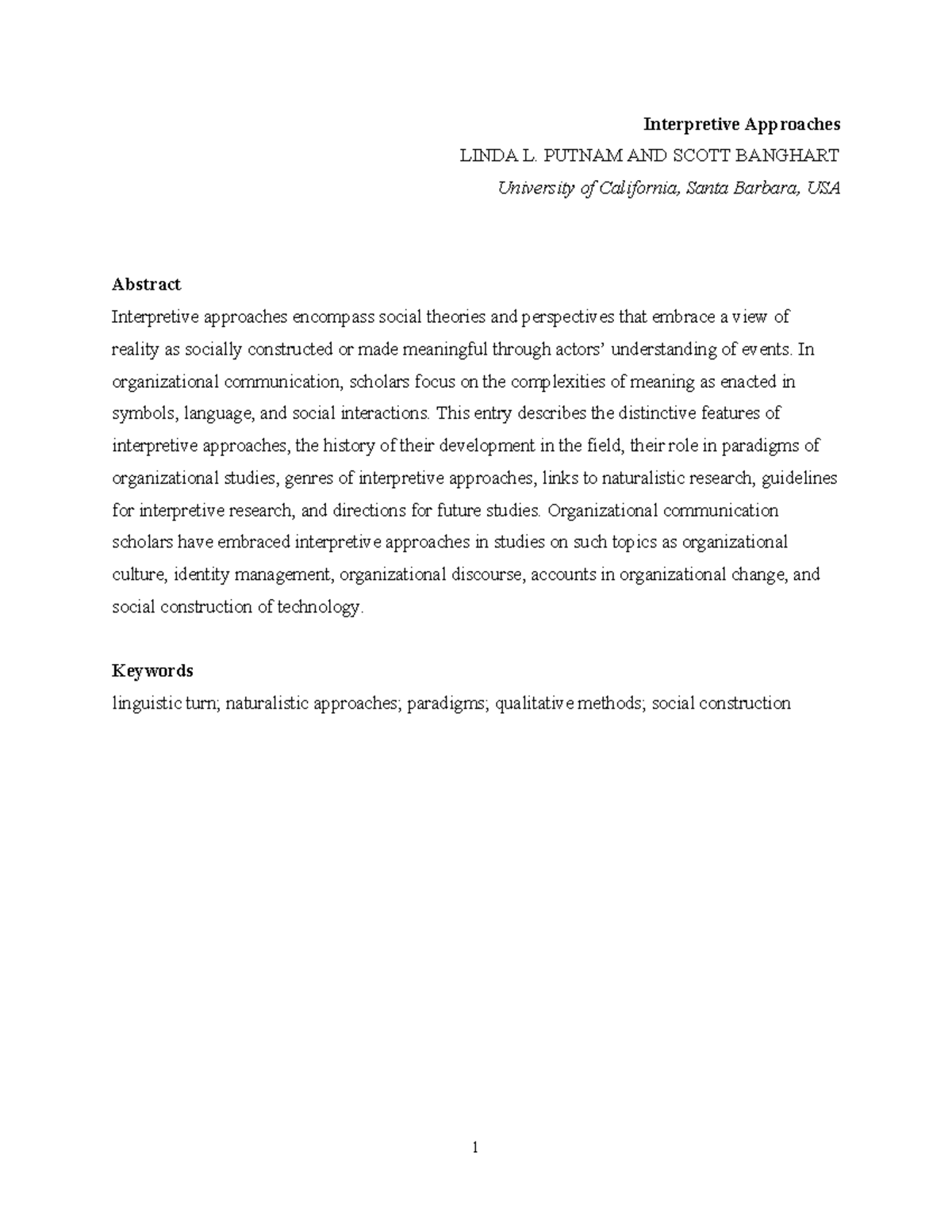 Interpretive Approaches Chapter - Interpretive Approaches LINDA L ...