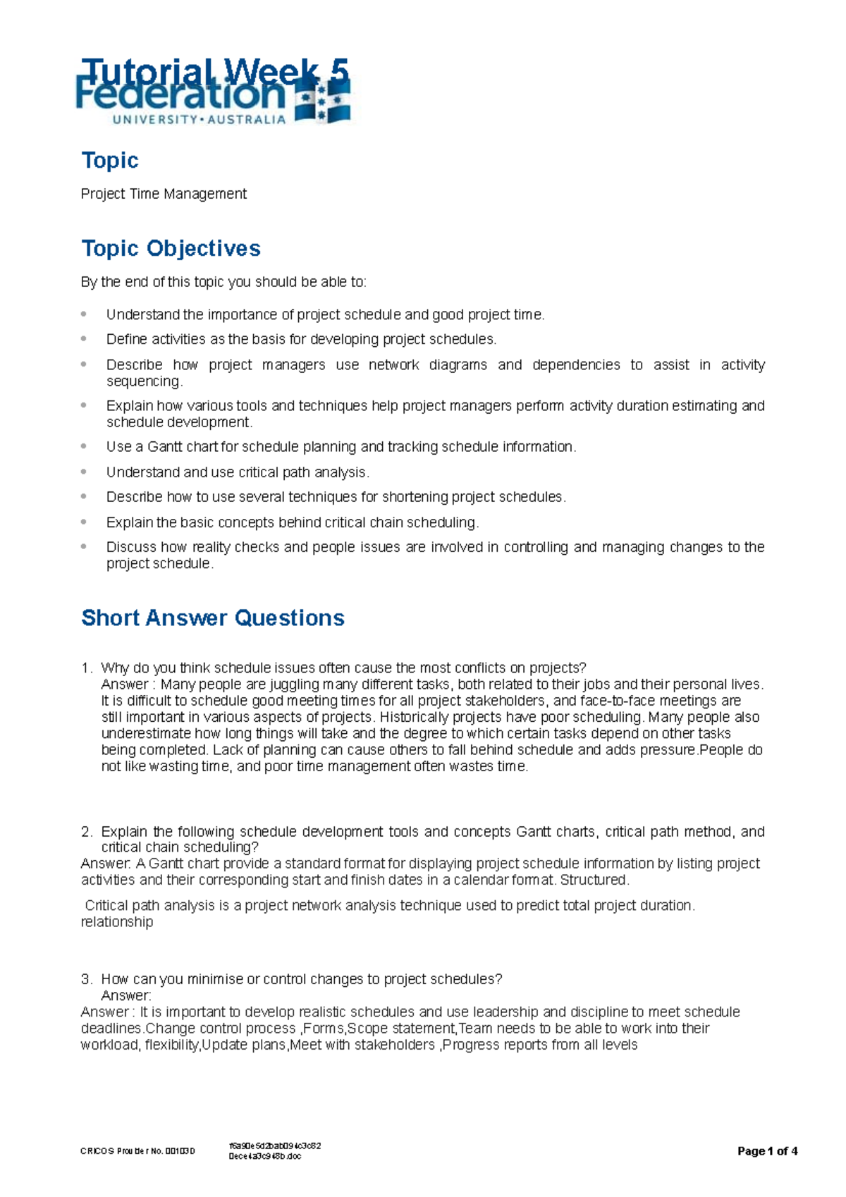 05 tutorial - week 5 - Topic Project Time Management Topic Objectives ...