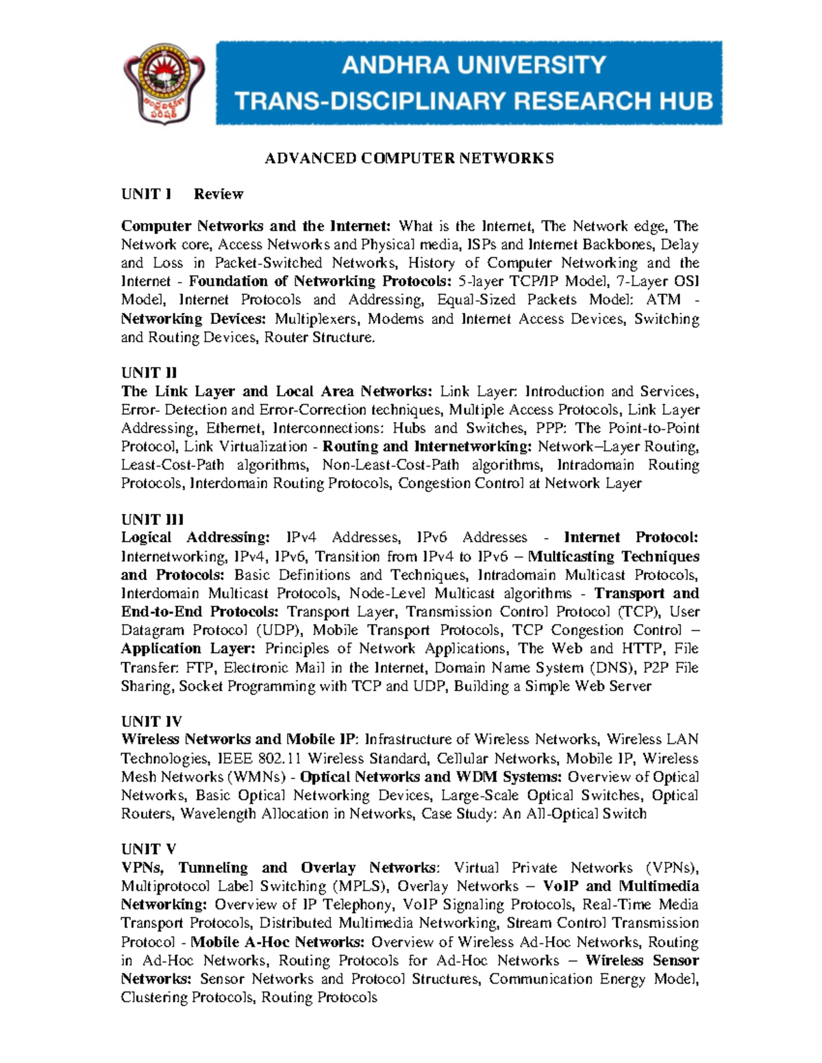Advanced Computer Networks Advanced Computer Networks Unit I Review Computer Networks And The